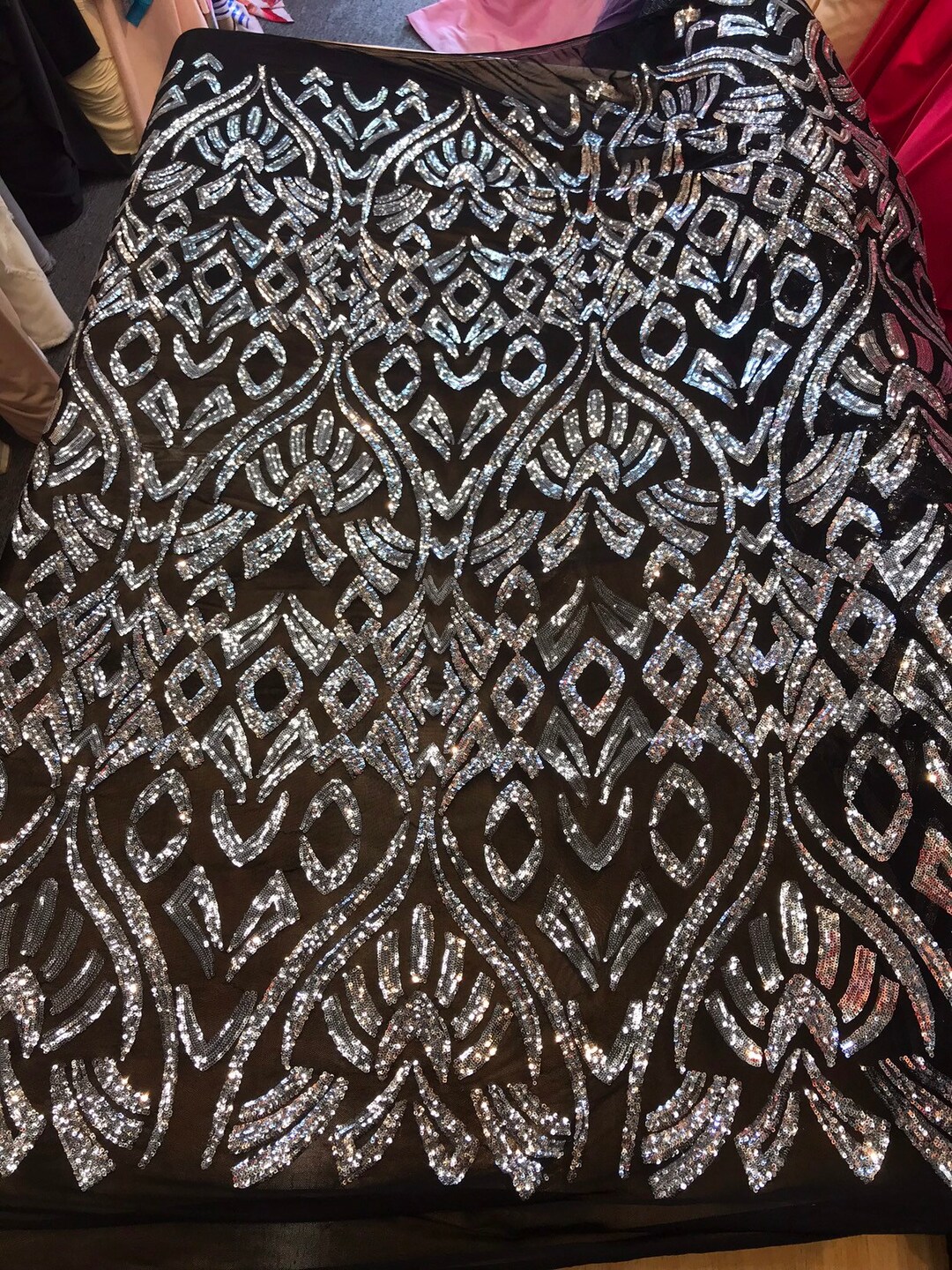Black-silver Geometric Design Embroidery With Sequins on a 4 Way ...