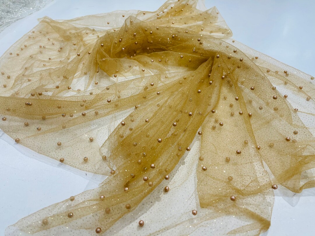Dark Gold Scattered Pearls Studded With Glitter Mesh, 2-way Stretch ...