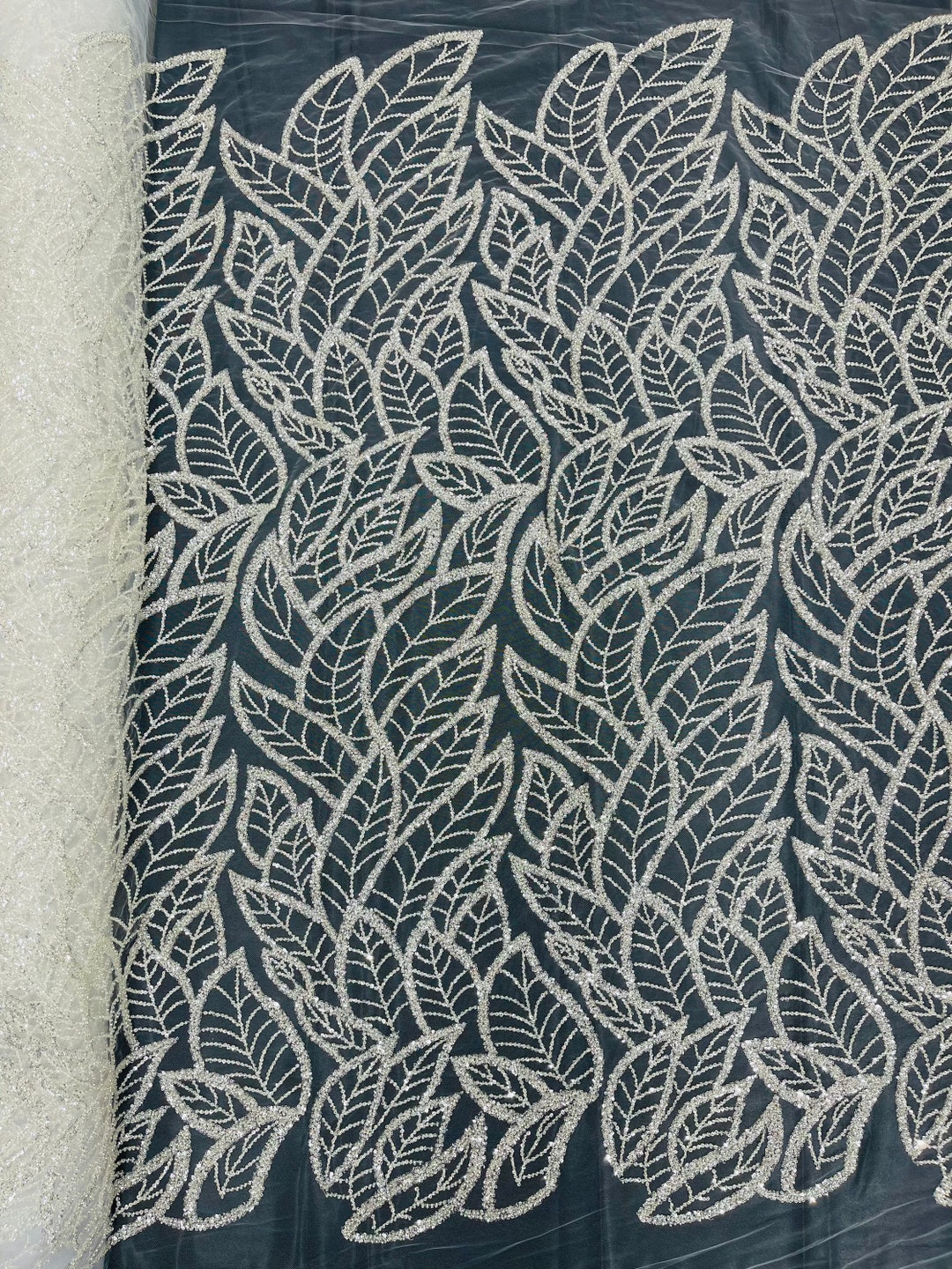 Off White Leaf Embroider and Heavy Beaded on a Mesh Lace Fabric-sold by ...
