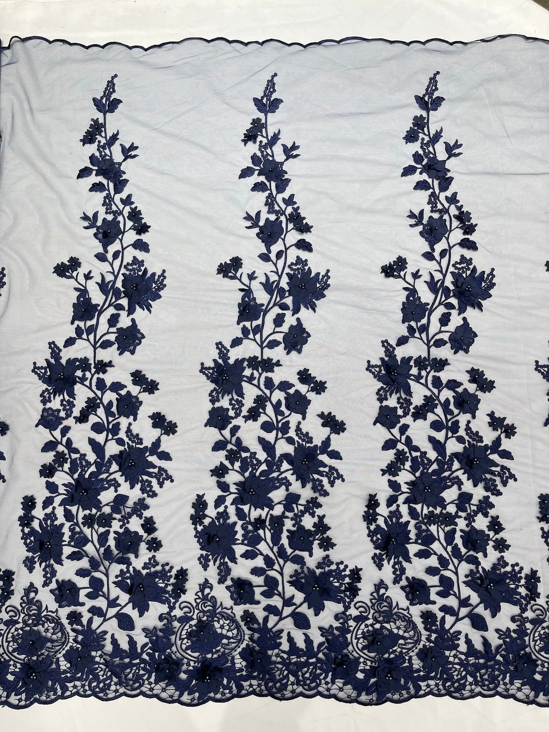 Navy Blue Emily 3d Floral Design Embroider With Pearls in a Mesh Lace ...