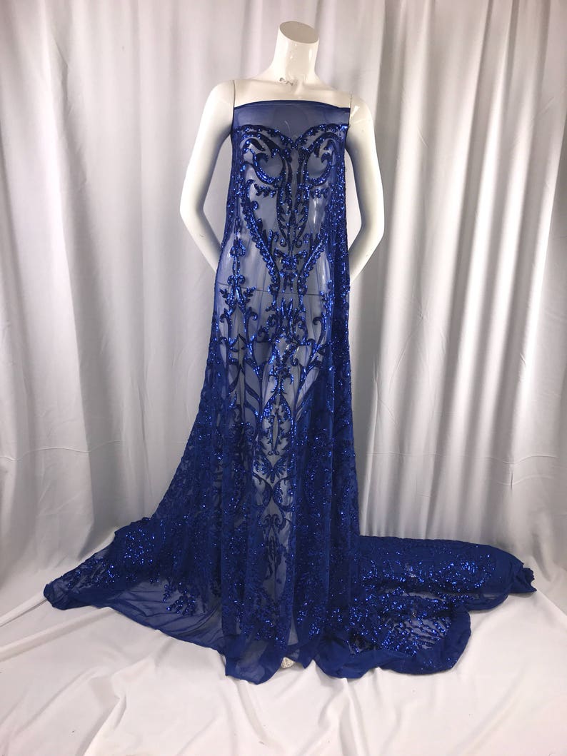 Royal Blue Damask Design Embroider With Sequins on a 2 Way Stretch Mesh ...