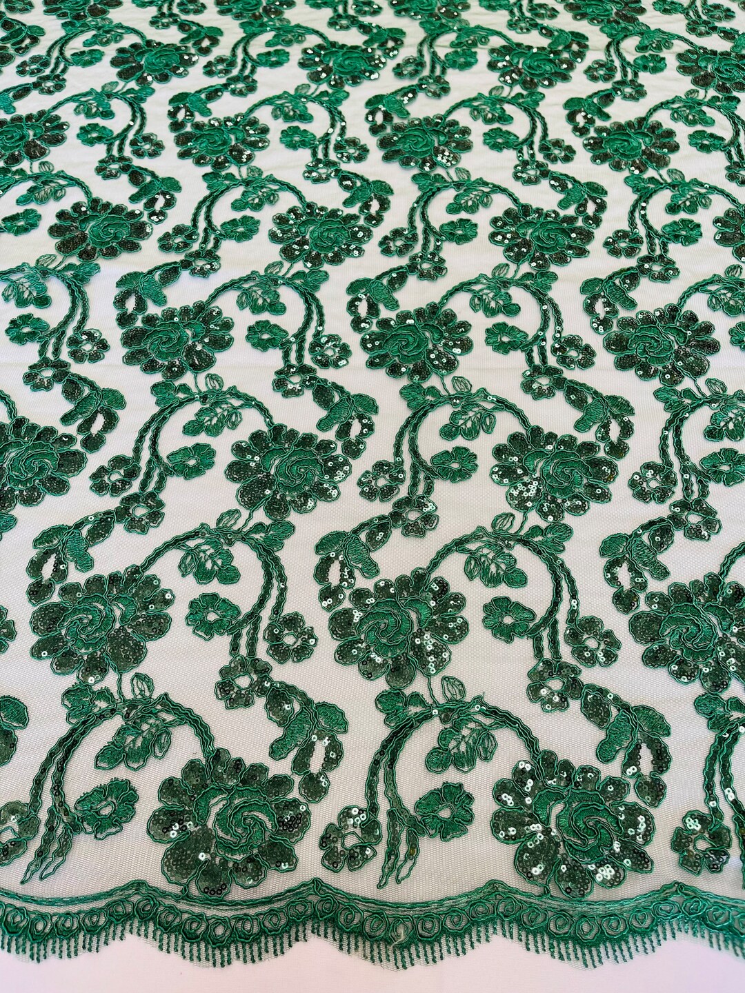 Hunter Green Flower Lace Corded and Embroider With Sequins on a Mesh ...