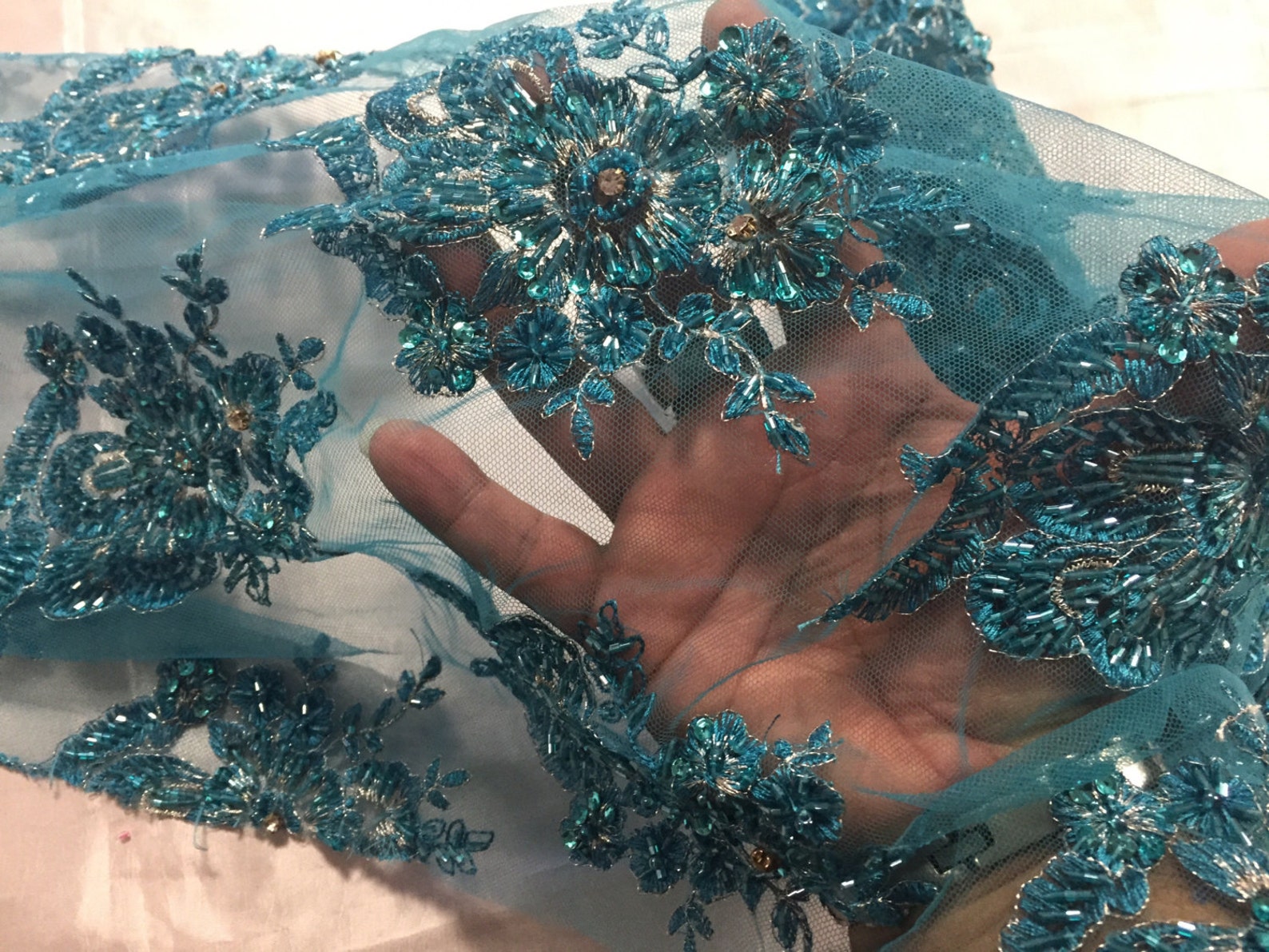 Teal Flowers Embroider and Heavy Beaded on a Mesh Lace | Etsy
