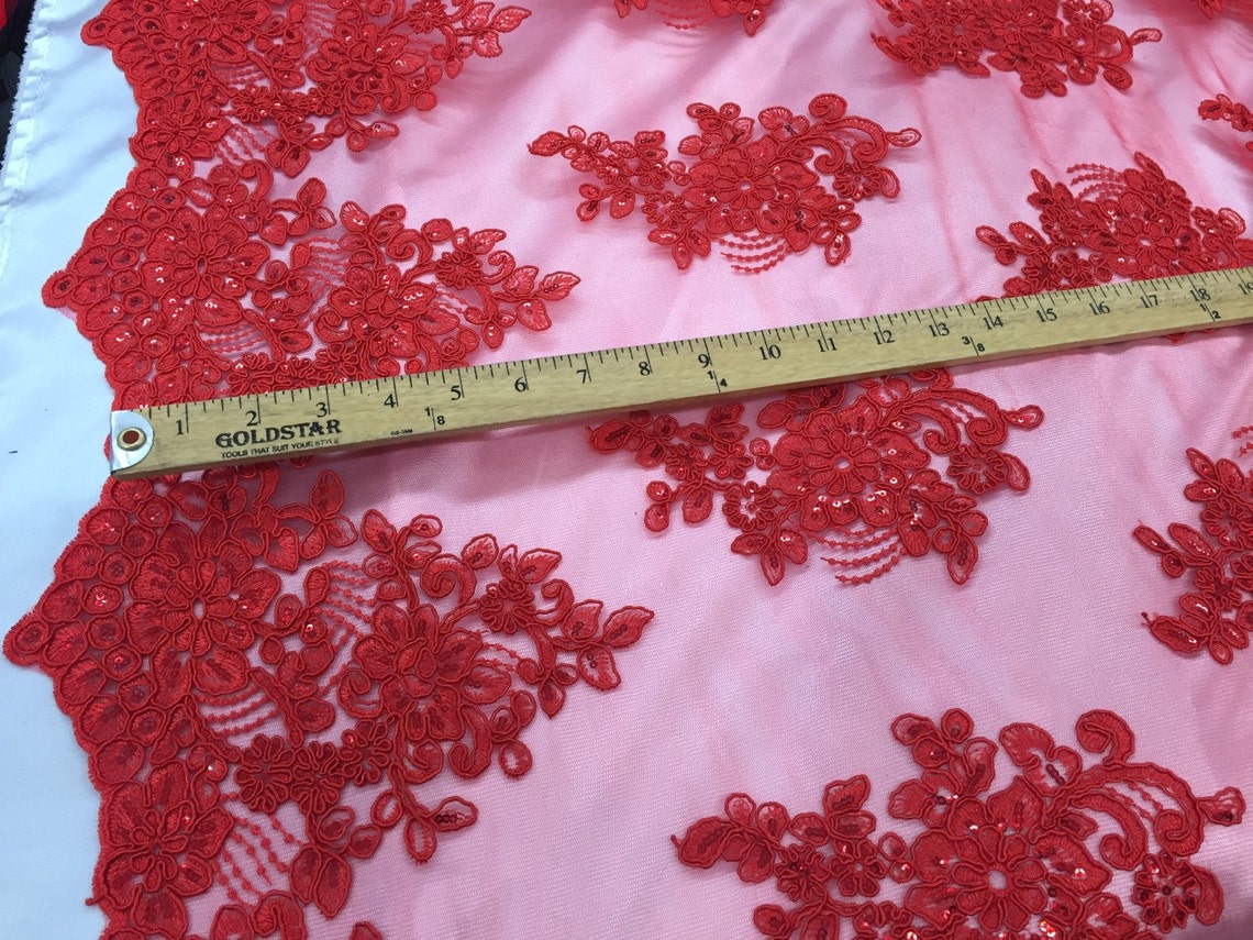 Red Flower Lace Corded and Embroider With Sequins on a Mesh. Wedding ...