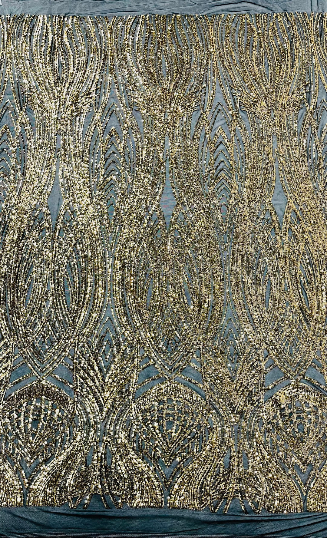 Gold Feather Damask Shiny Sequin Design on a Black 4 Way Stretch Mesh ...