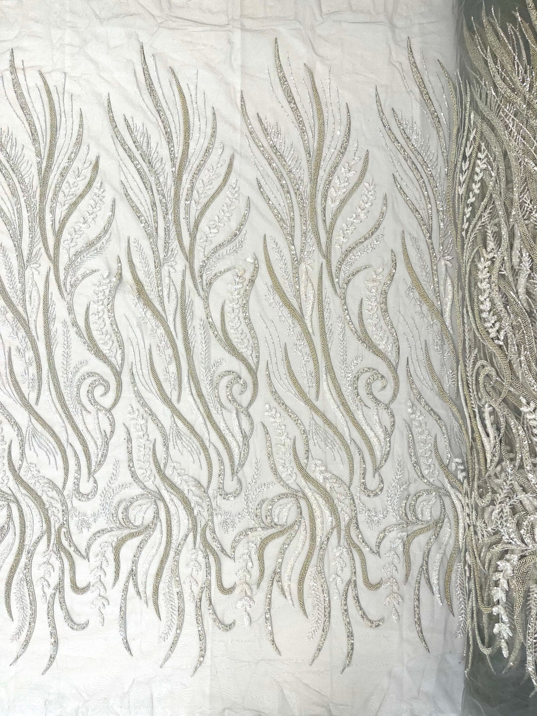 Silver Feather Damask Embroider With Sequins and Clear Heavy Beaded on ...