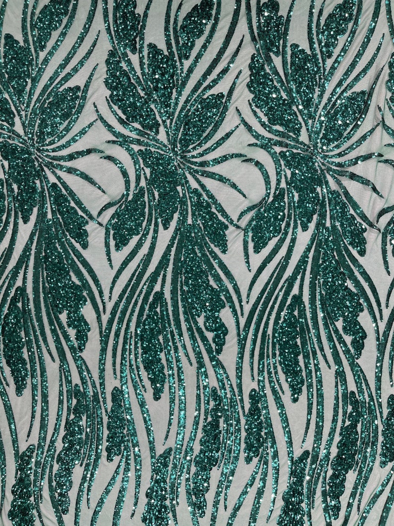 Emerald Green Feather Damask Shiny Sequin Design on a 4 Way Stretch ...