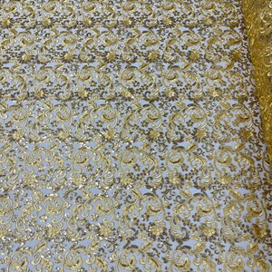 Gold Metallic Corded Embroider Flowers With Sequins on a Mesh Lace ...