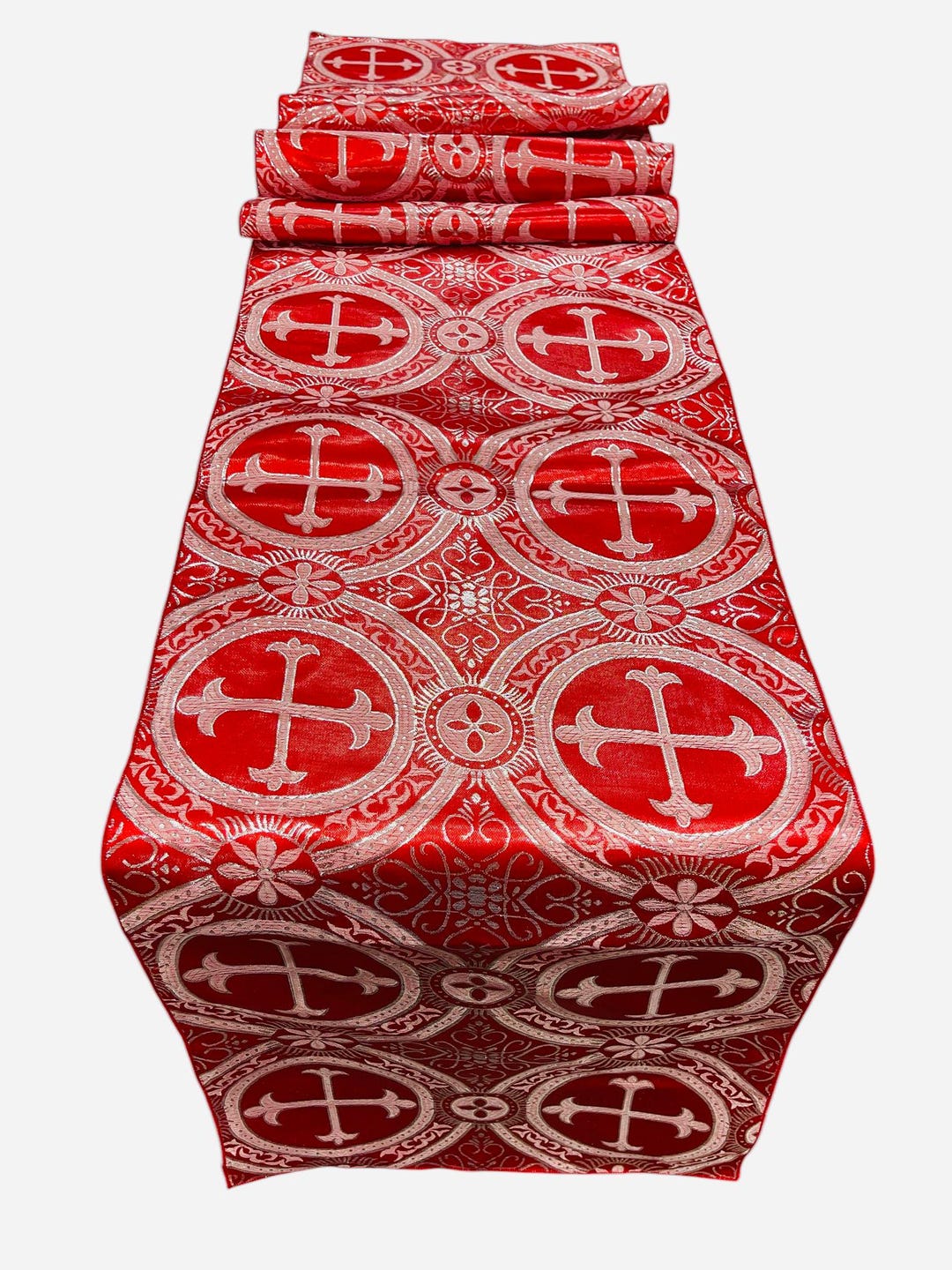Red / Silver - Religious Brocade Runner Tablecloth | Liturgical Fabric ...