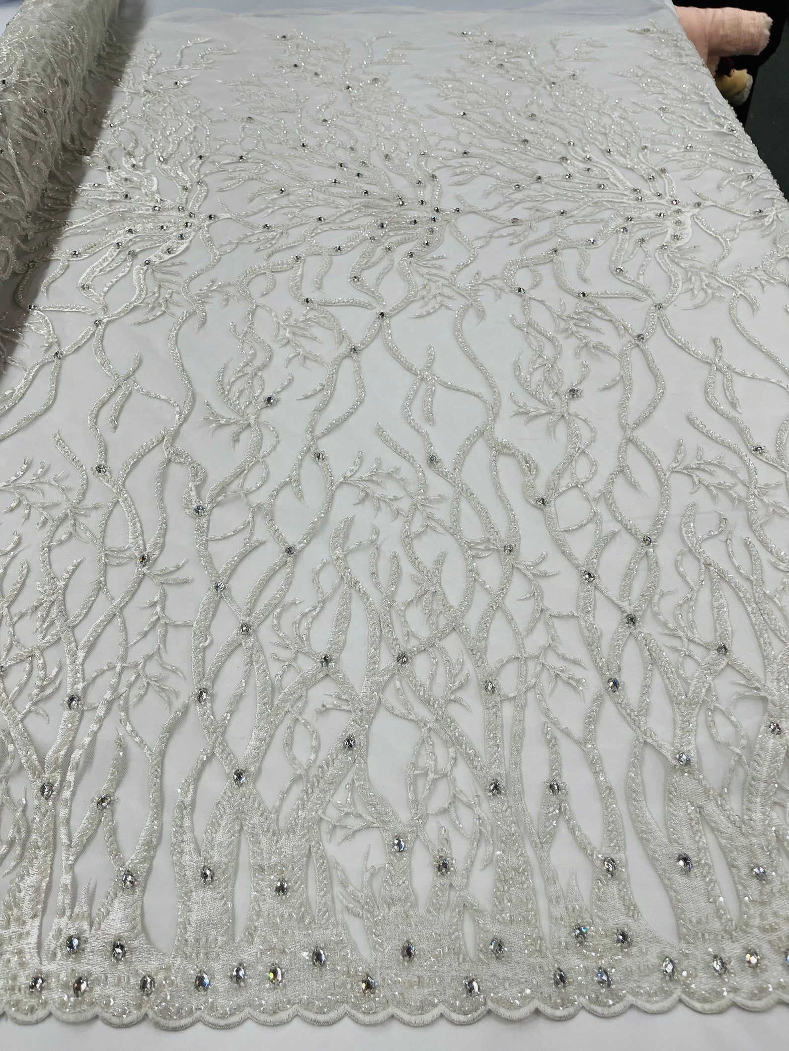 White Vine Design Embroider and Heavy Beading on a Mesh - Etsy