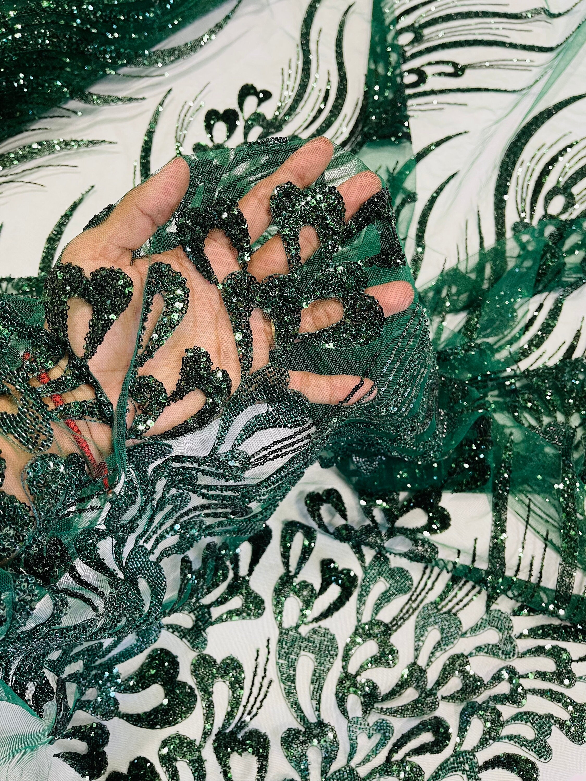 Hunter Green Feathers Design Embroider With Sequins and Heavy Beaded on ...