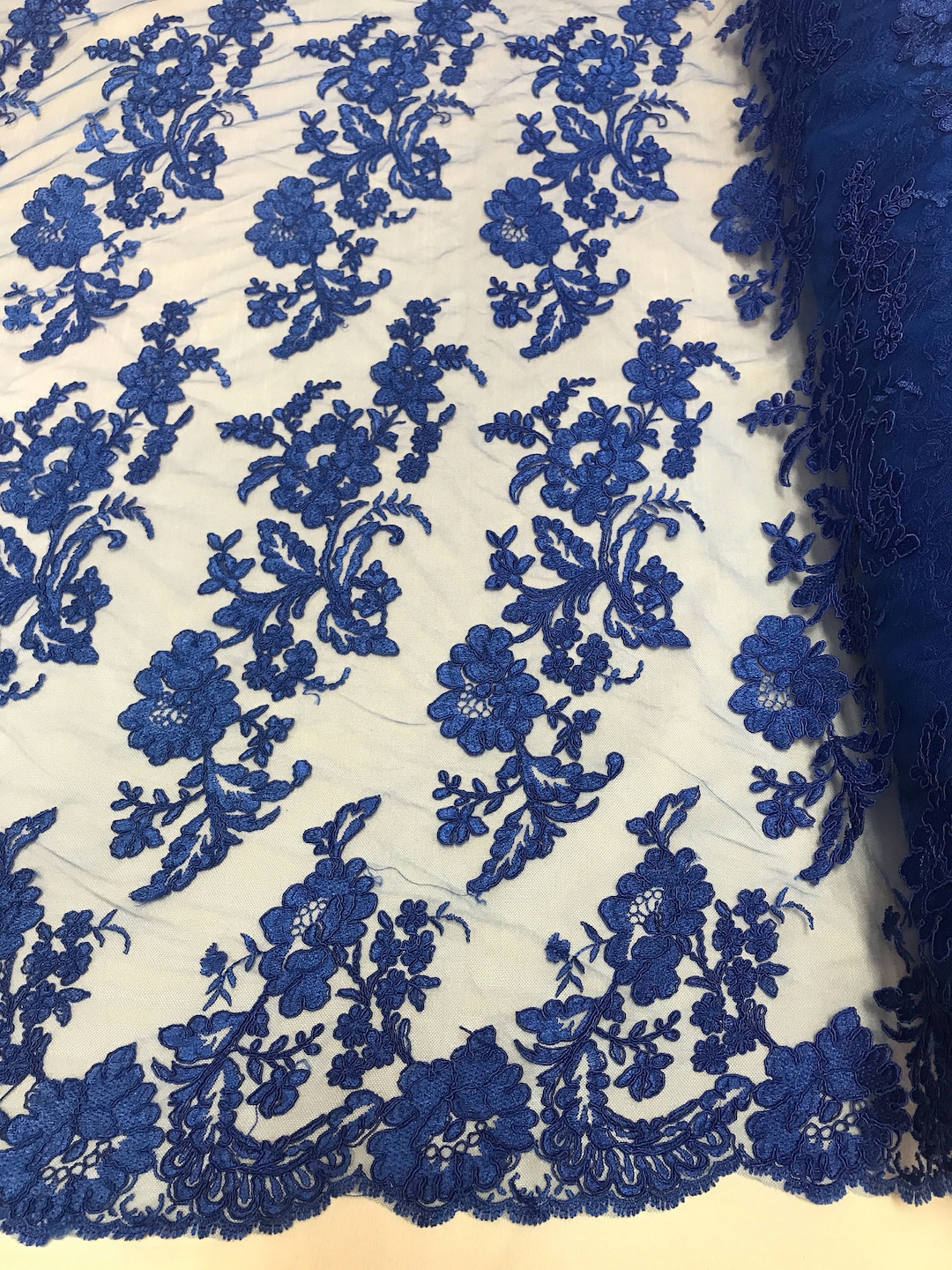 Royal Blue Floral Design Embroider and Corded on a Mesh Lace-sold by ...