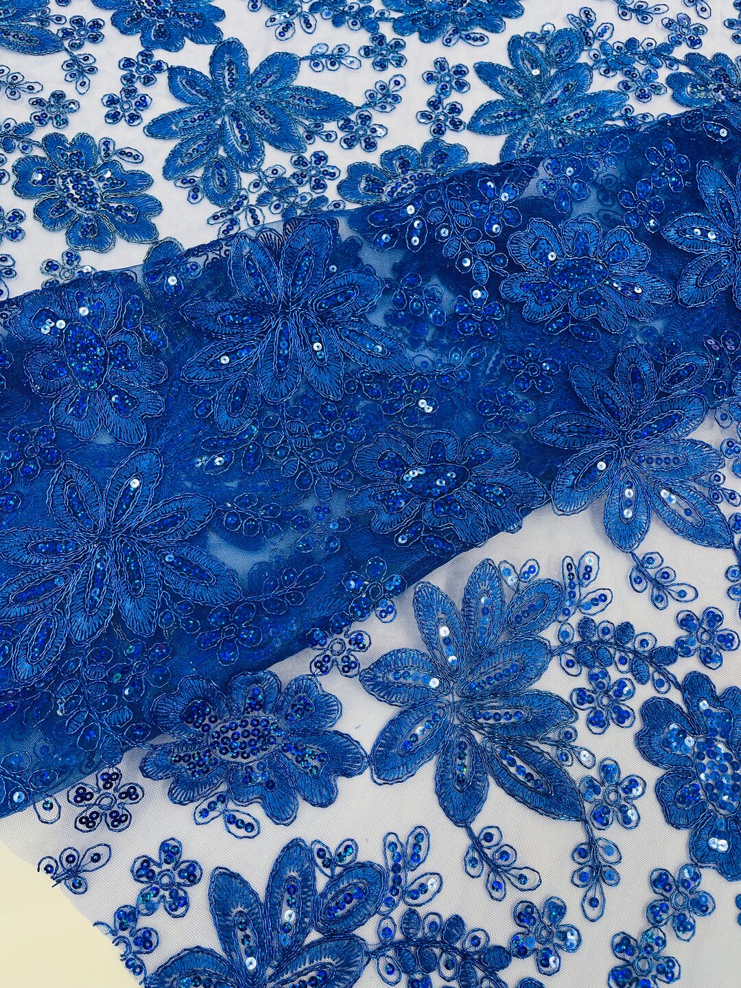 Royal Blue Metallic Stars Floral Design Embroidered With Holographic ...