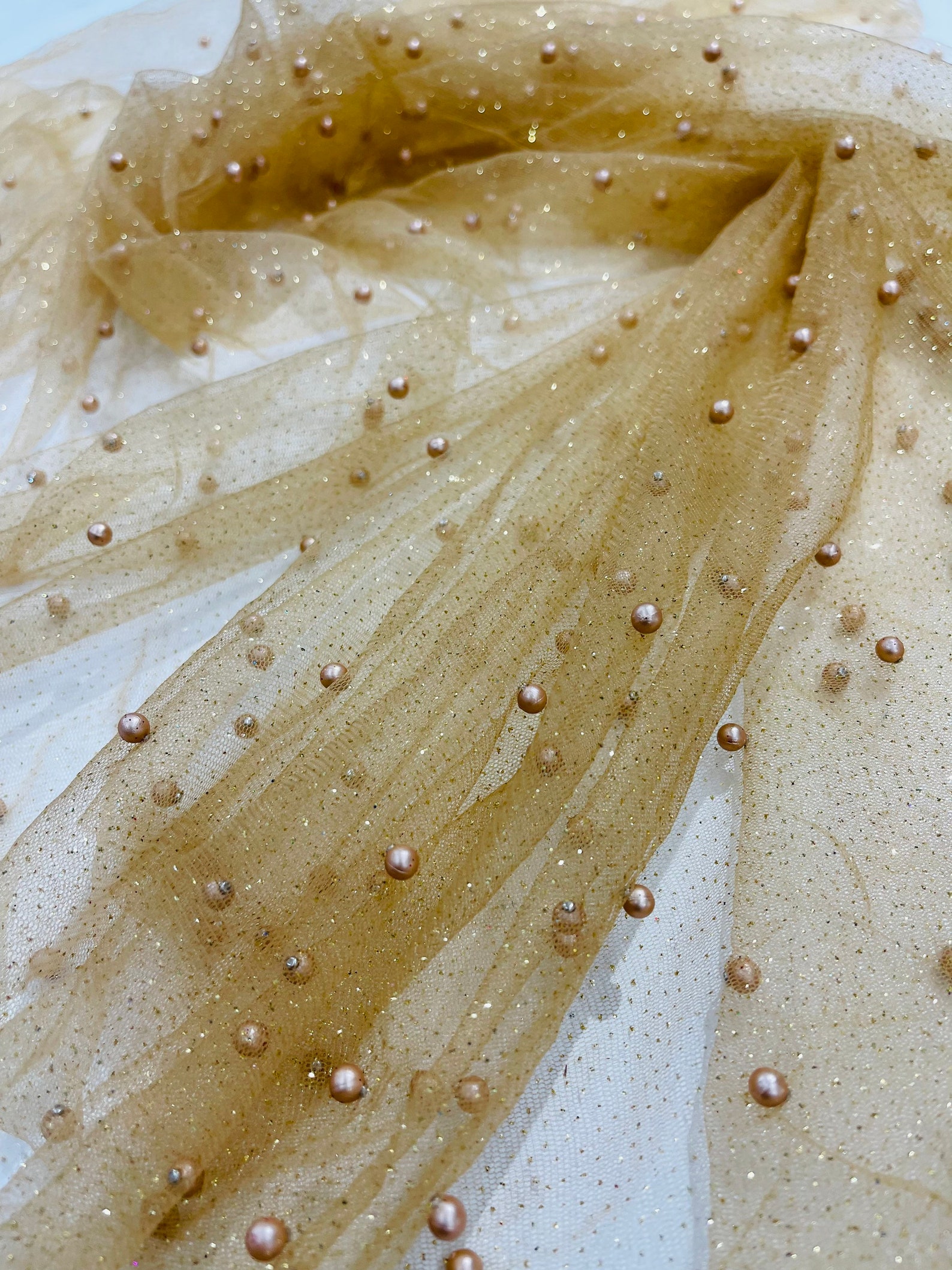 Dark Gold Scattered Pearls Studded With Glitter Mesh 2-way | Etsy