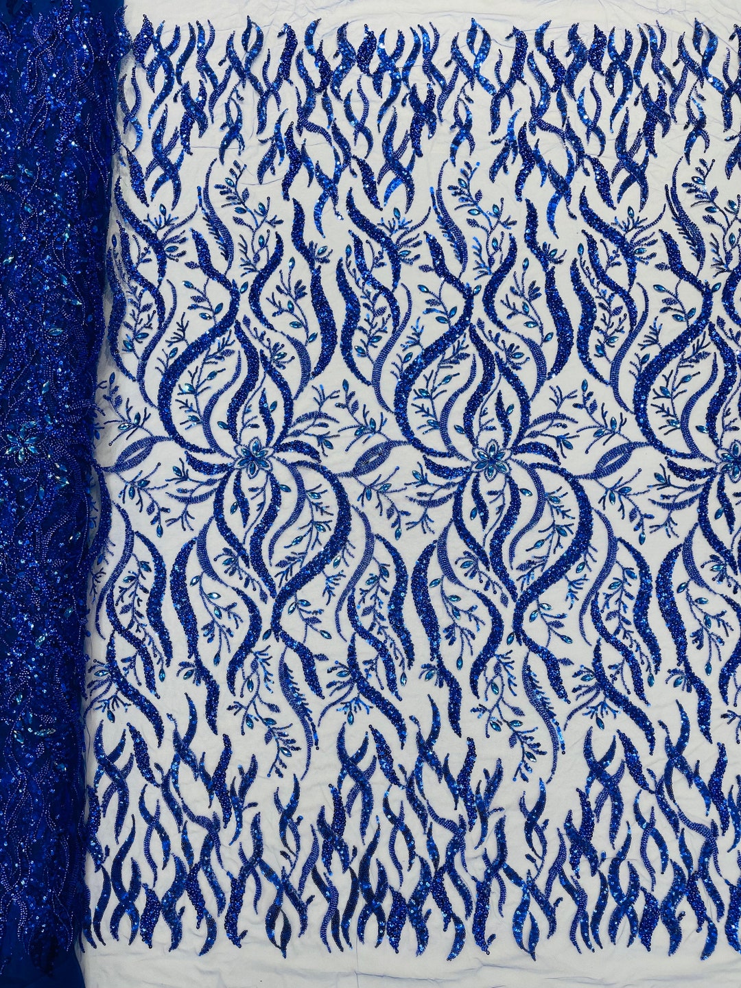 Royal Blue Vine Design Embroider and Heavy Beading/sequins on A Mesh ...