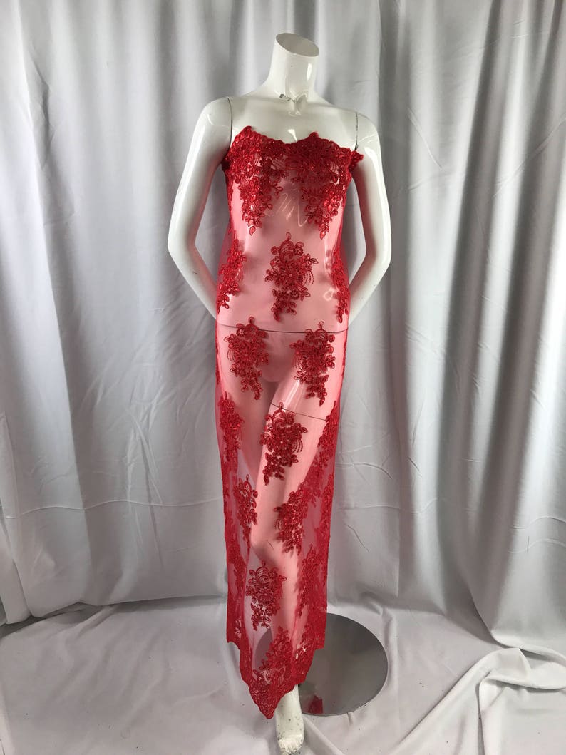 Red Flower Lace Corded and Embroider With Sequins on a Mesh. Wedding ...