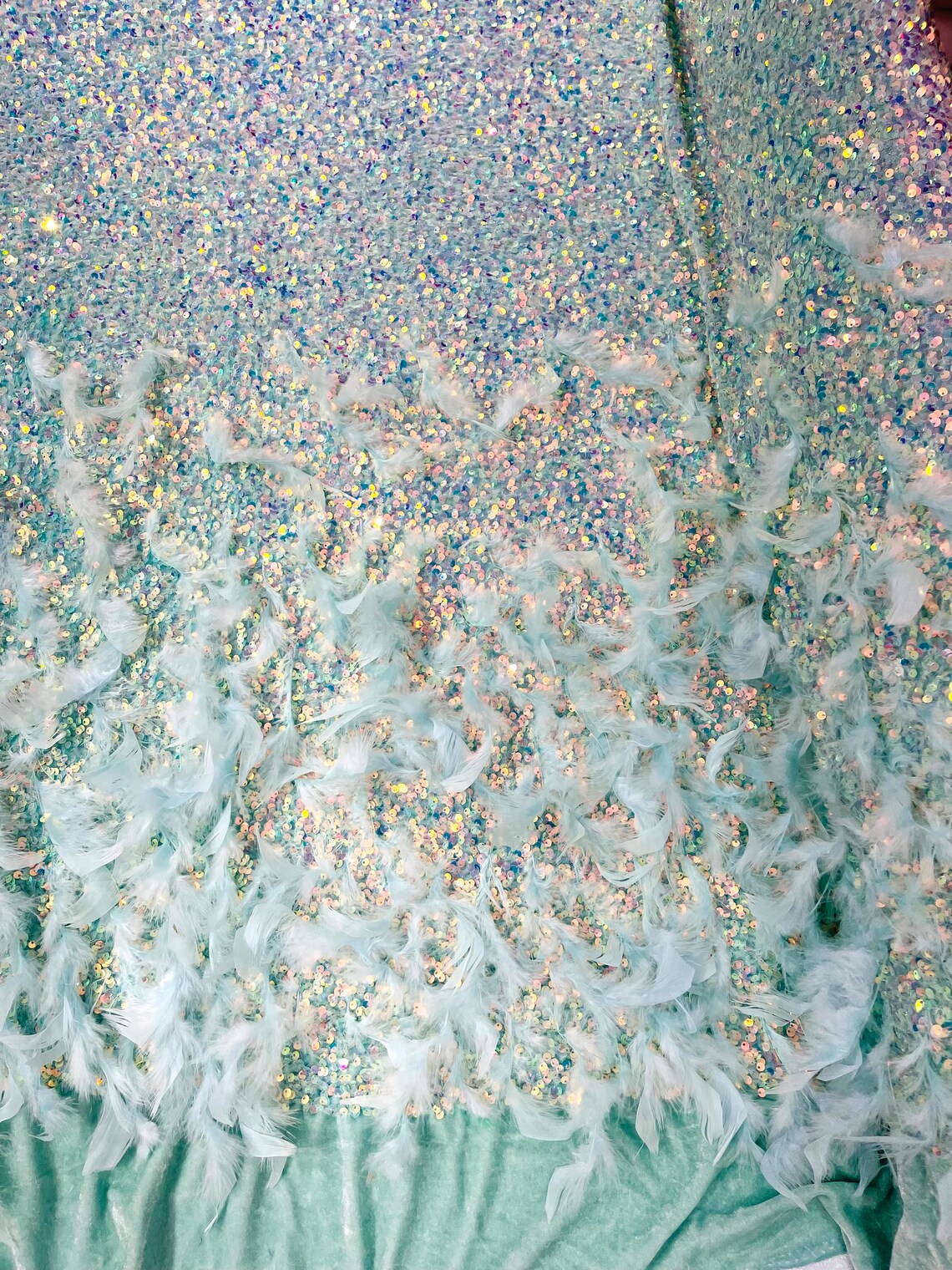 Mint Green Iridescent 5mm Sequins on a Stretch Velvet With Feathers 2 ...