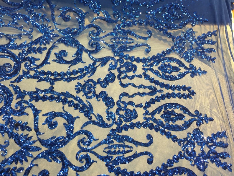 Royal Blue Damask Design Embroider With Sequins on a 2 Way Stretch Mesh ...
