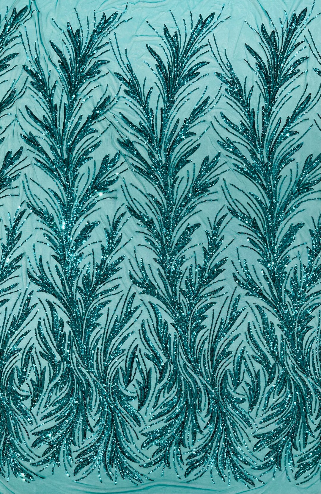 Teal Green Feather Wing Shiny Sequin Design on a 4 Way Stretch Mesh ...