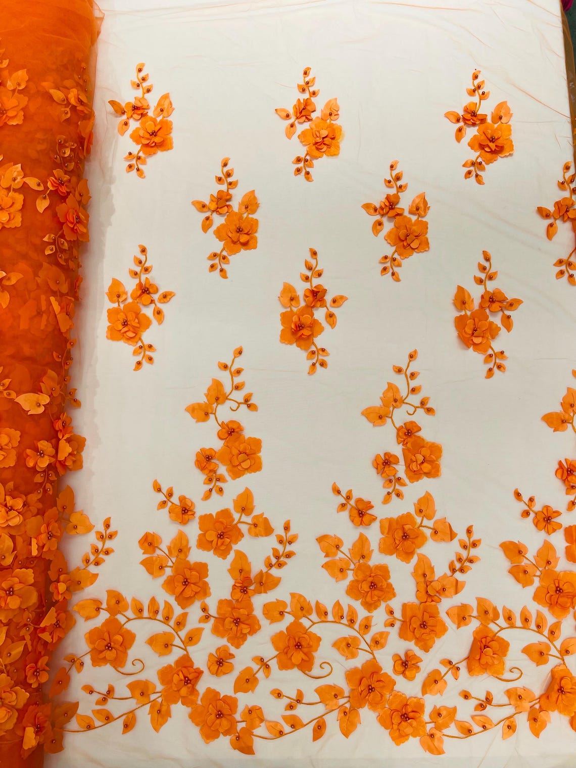 Orange Orquidia 3D Floral Embroidered Mesh Lace Fabric With Pearls - Etsy