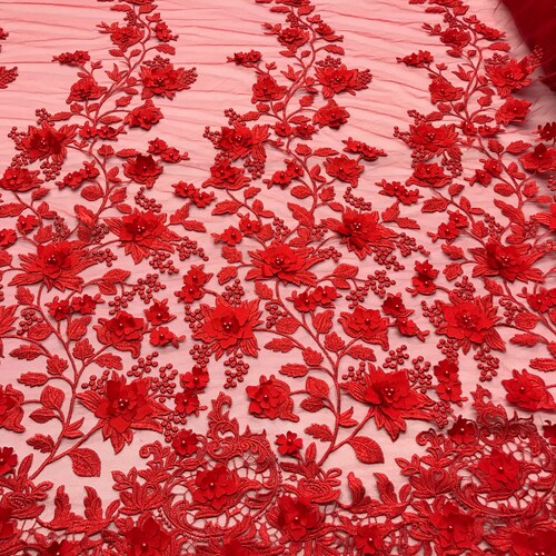 Red 3D Floral Design Embroider and Beaded With Pearls on a - Etsy