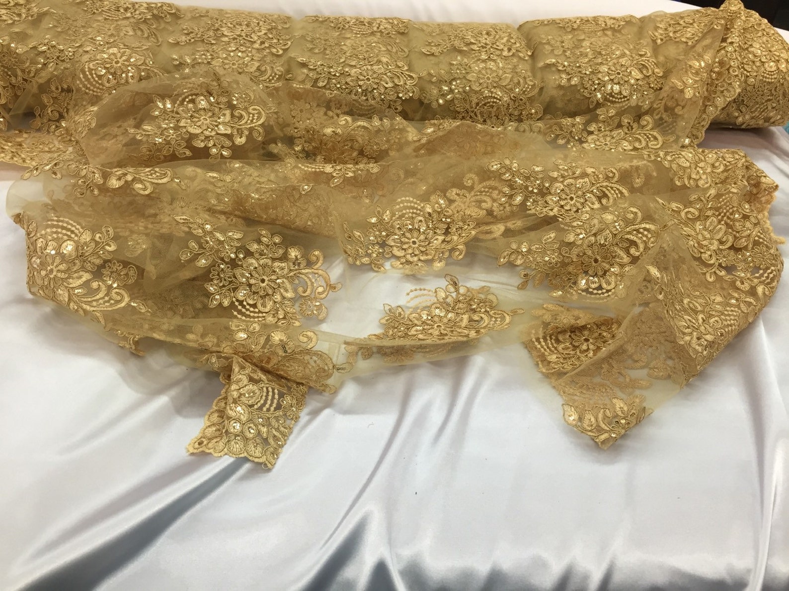 Gold Flower Lace Corded and Embroider With Sequins on a Mesh. Wedding ...