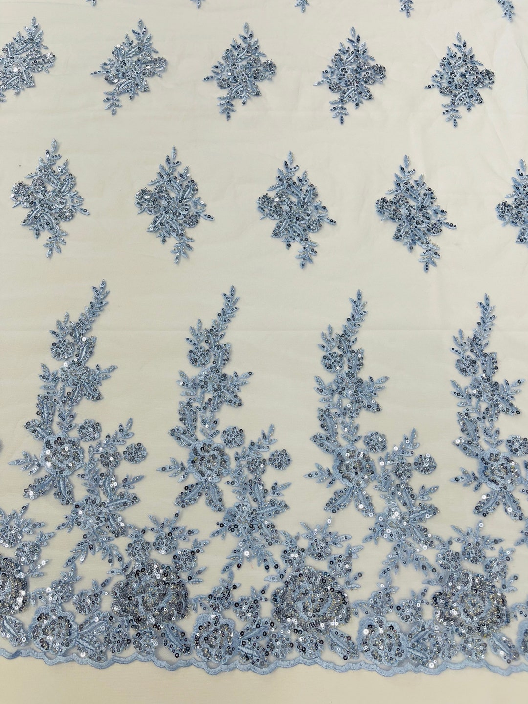 Light Blue Floral Design Embroider and Beaded on a Mesh Lace Fabric ...