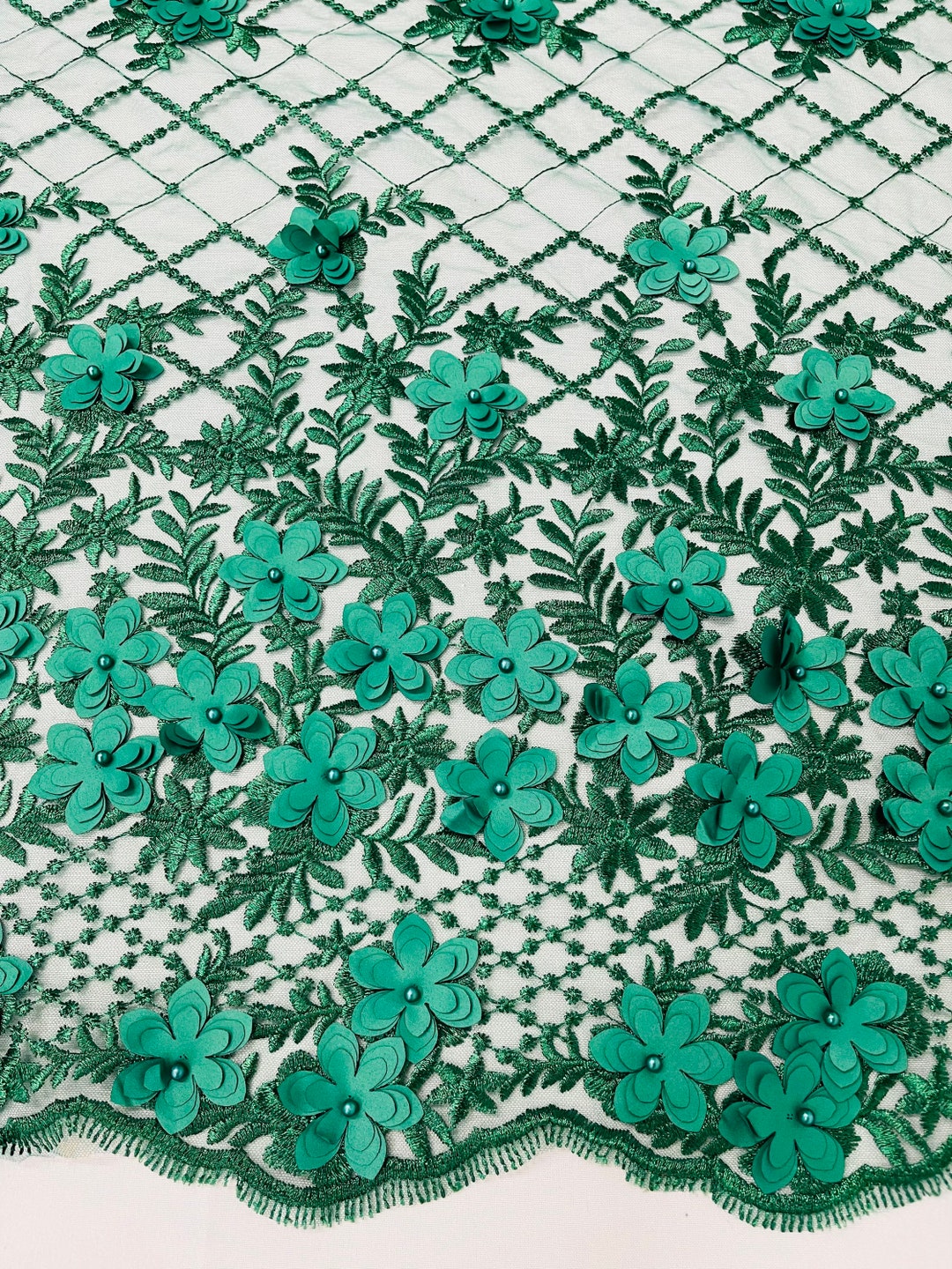 Hunter Green Lia 3d Floral Design Embroider With Pearls in a Mesh Lace ...