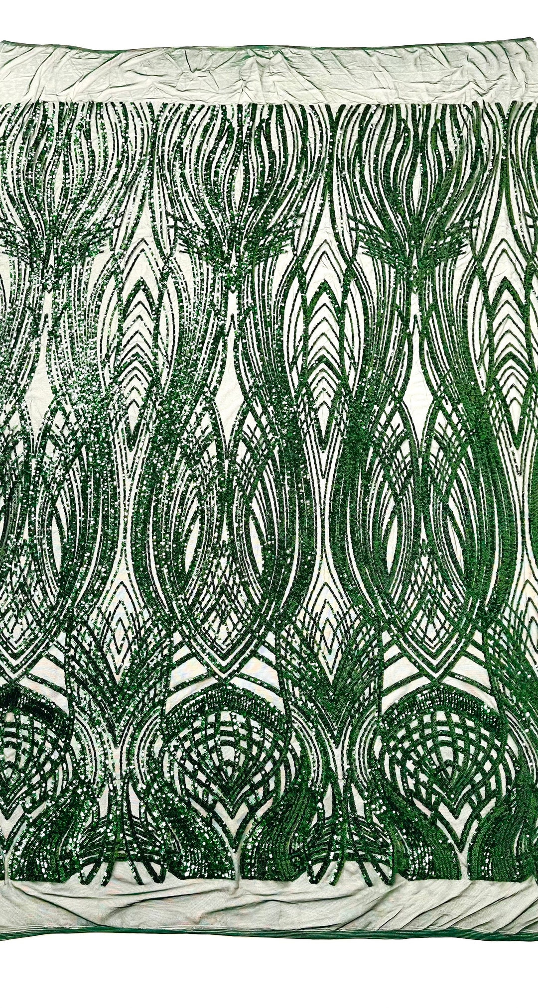 Hunter Green Feather Damask Shiny Sequin Design on a 4 Way Stretch Mesh ...