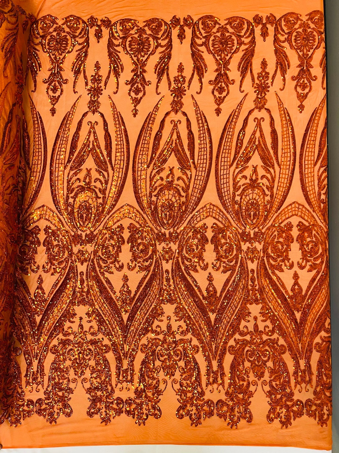 Burnt Orange Iridescent Empire Damask Design With Sequins Embroider on ...