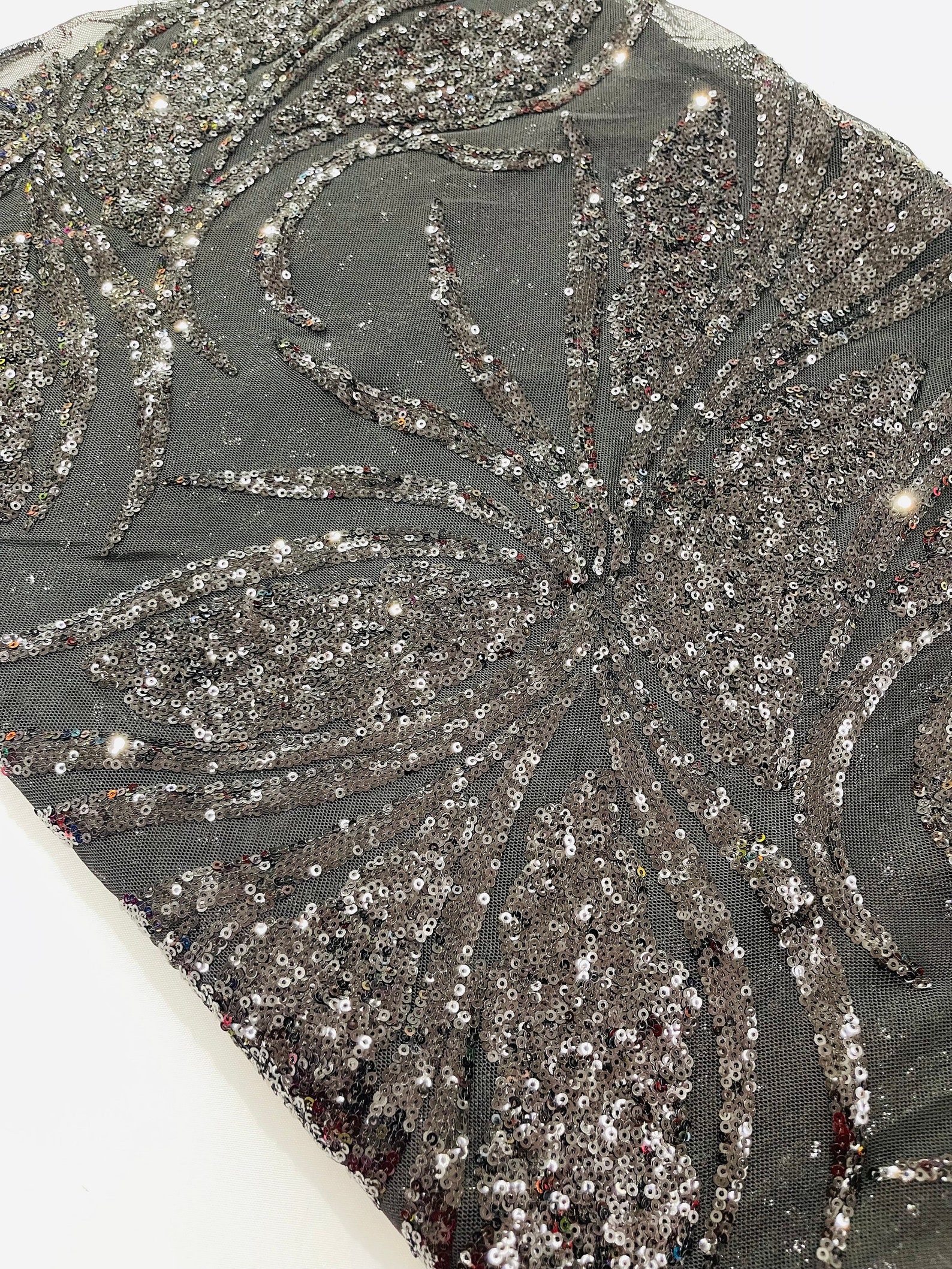 Black Feather Damask Shiny Sequin Design on a 4 Way Stretch Mesh Fabric ...