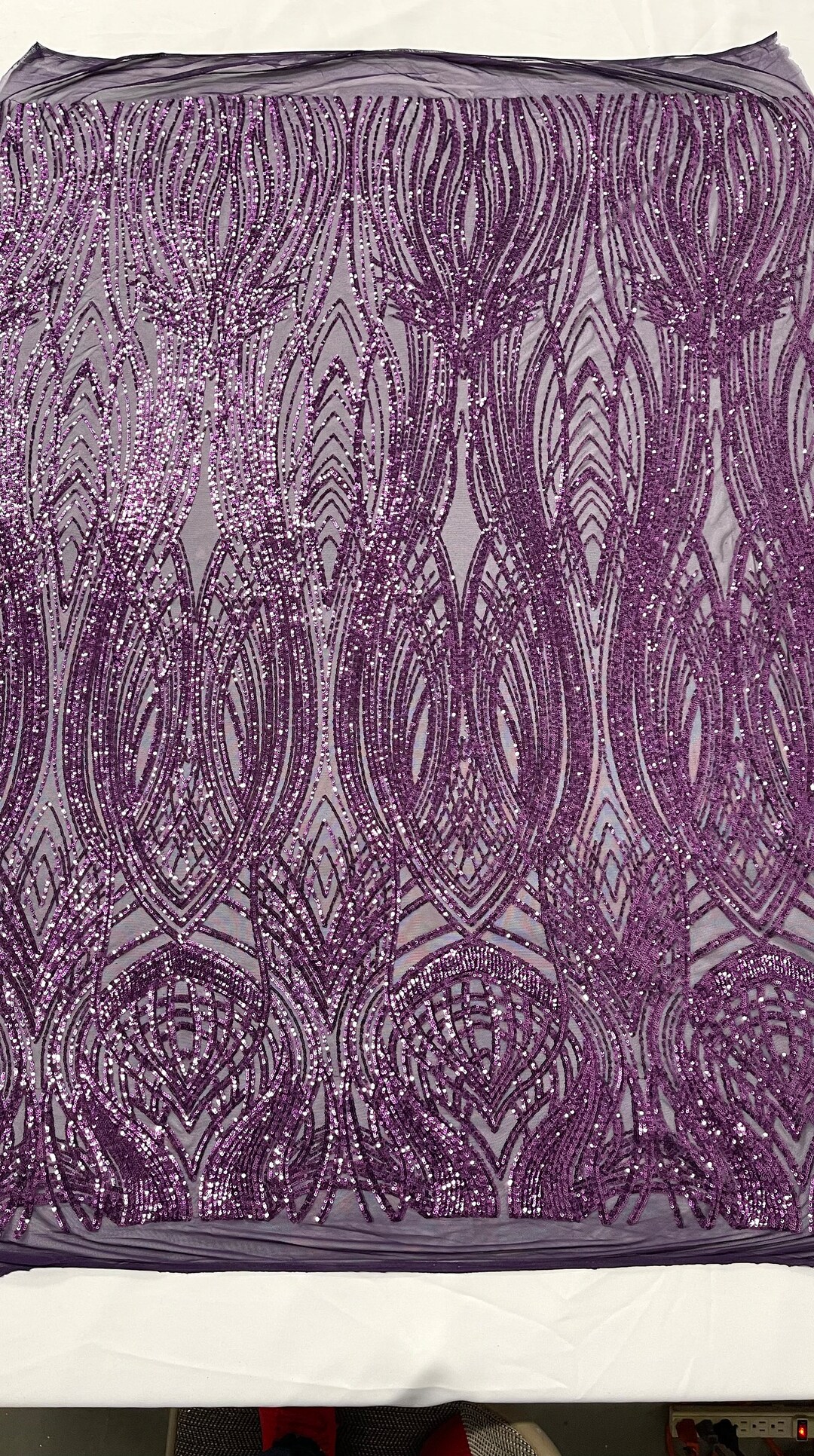 Purple Feather Damask Shiny Sequin Design on a 4 Way Stretch Mesh ...