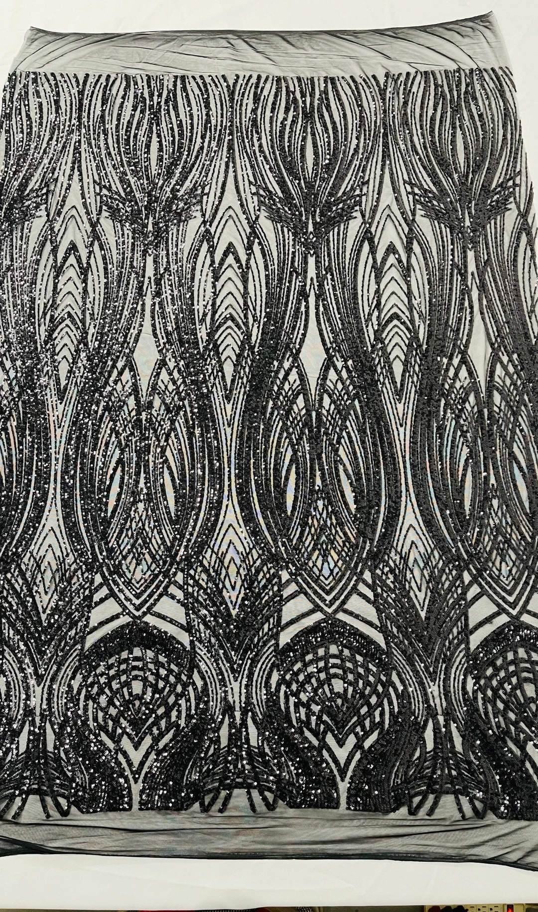 Black Feather Damask Shiny Sequin Design on a 4 Way Stretch Mesh Fabric ...