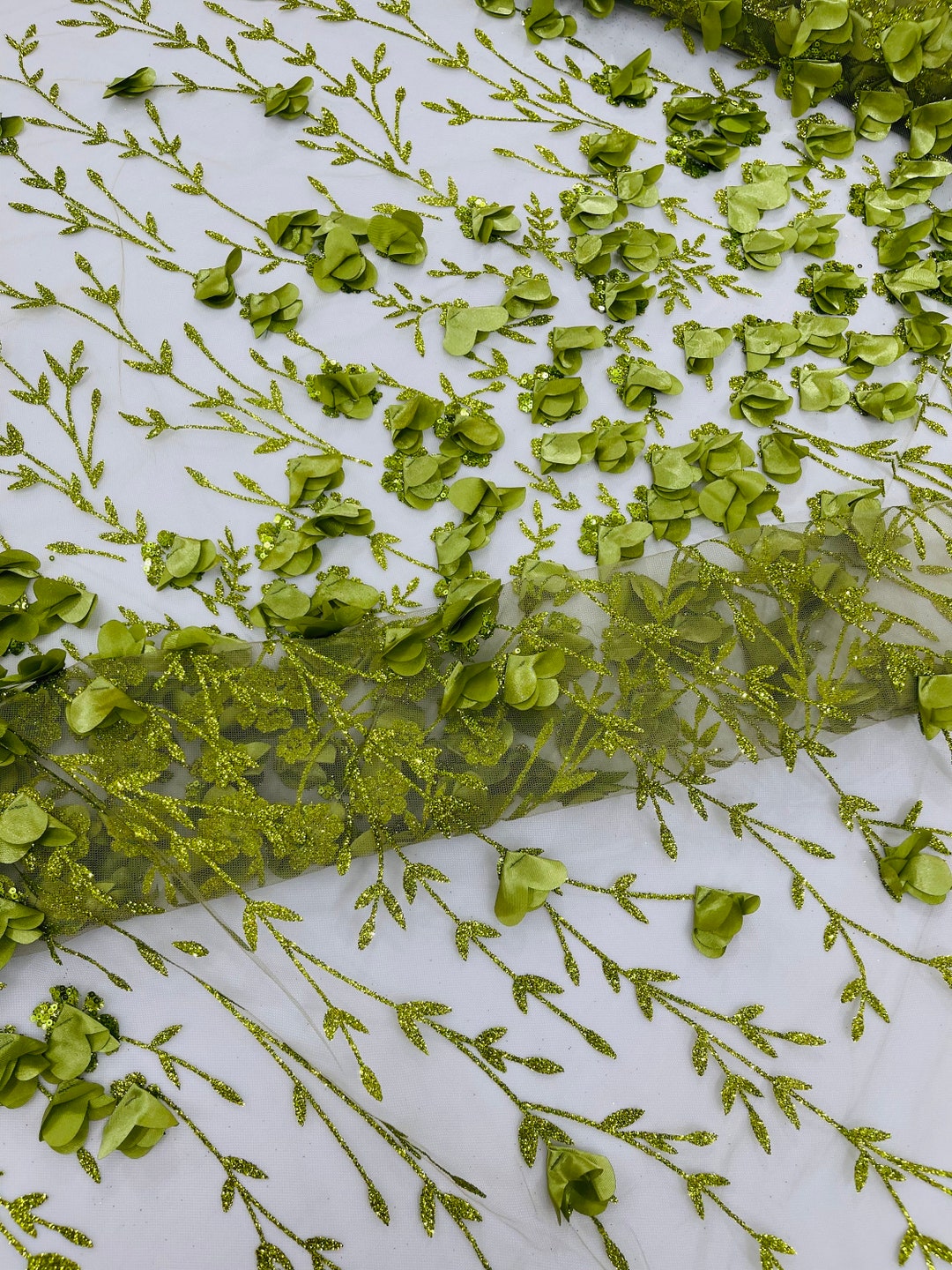 Olive Green 3D Satin Floral Glitter Sequin Fabric/prom/wedding Lace ...