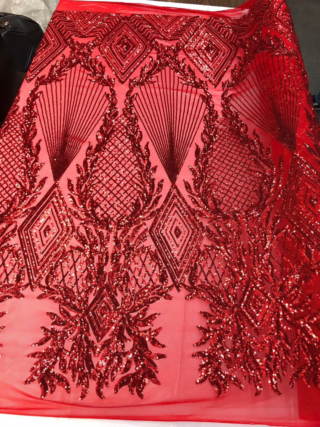 Red Geometric Diamond Design With Shiny Sequins on a 4 Way Stretch Mesh ...