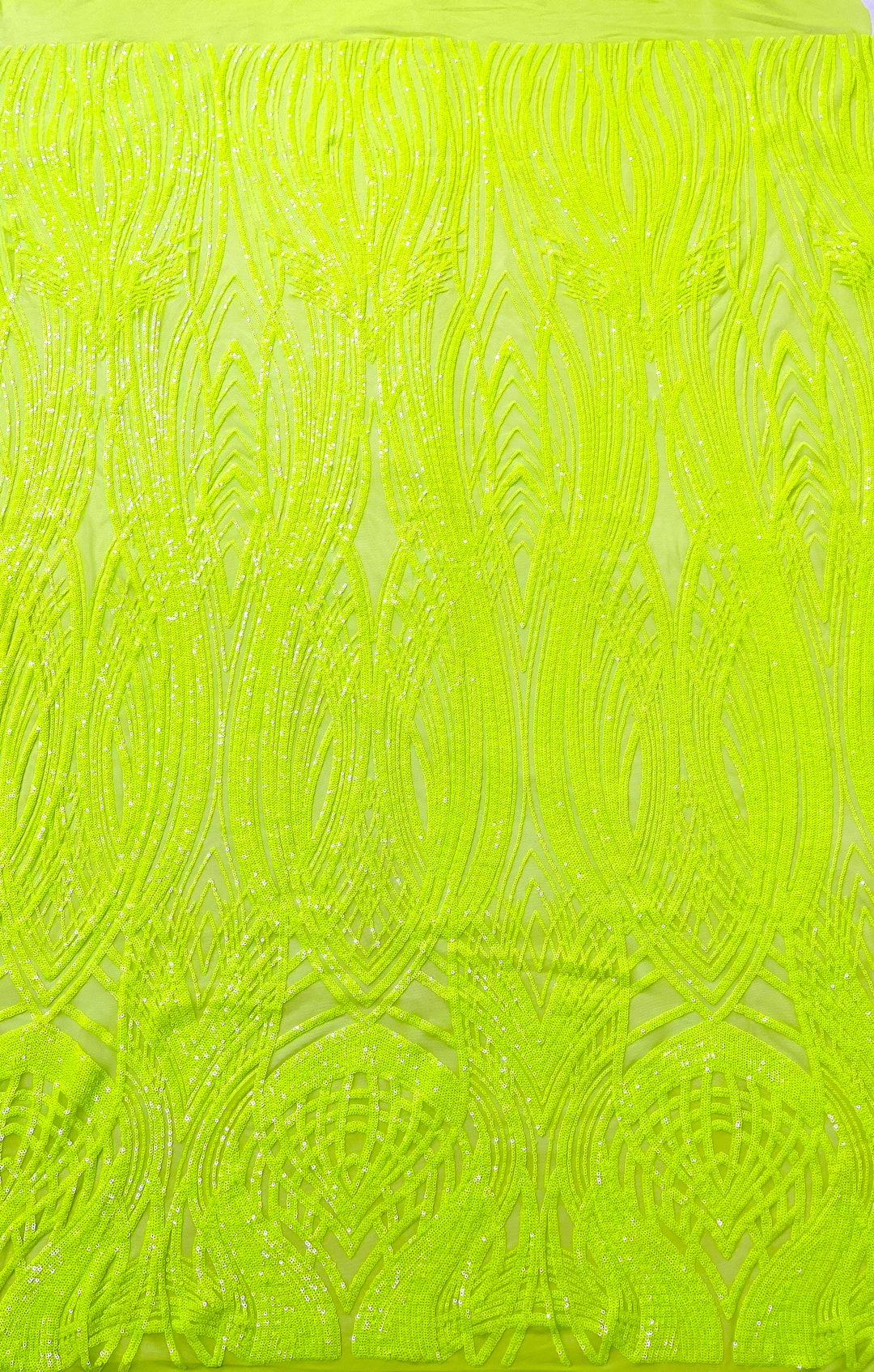 Neon Green Feather Damast glänzendes Pailletten-Design auf einem 4-Wege ...