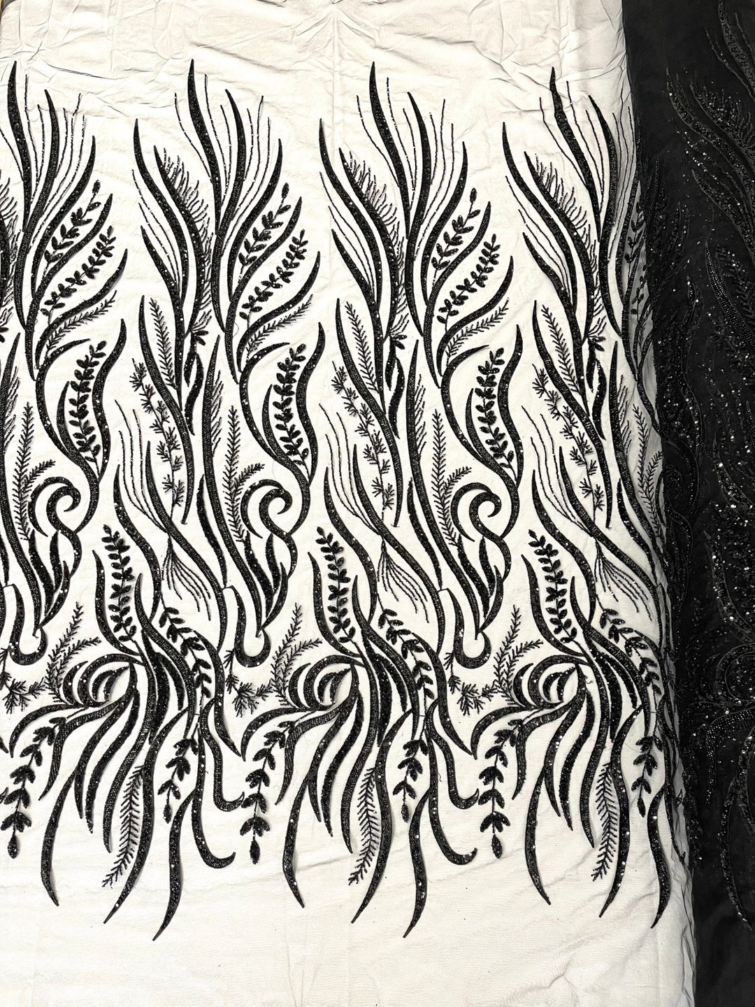 Black Feather Damask Embroider With Sequins and Heavy Beaded on a Mesh ...