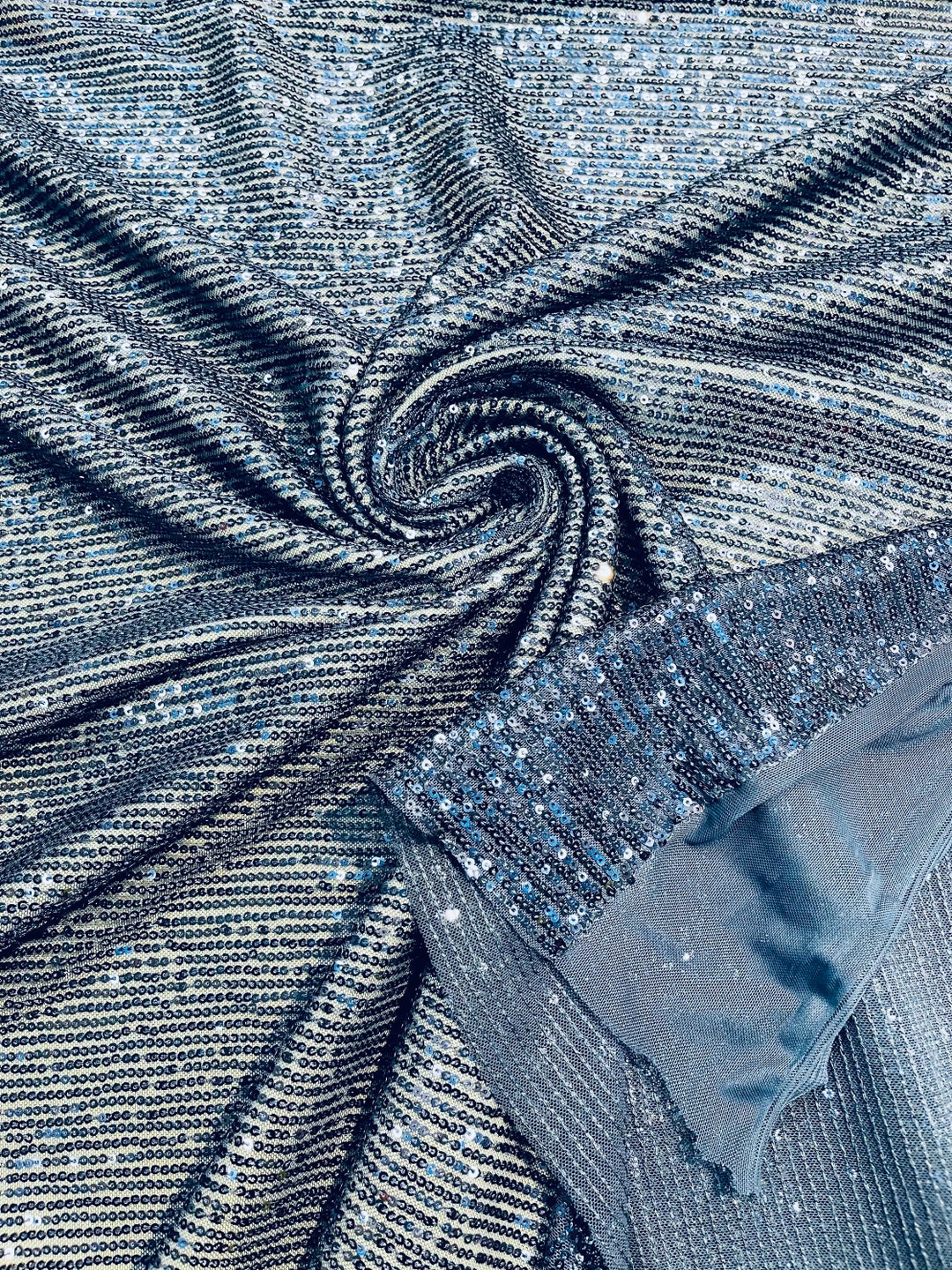 Navy Blue Chain Shiny Sequins Design on a 4 Way Stretch Mesh Fabric ...