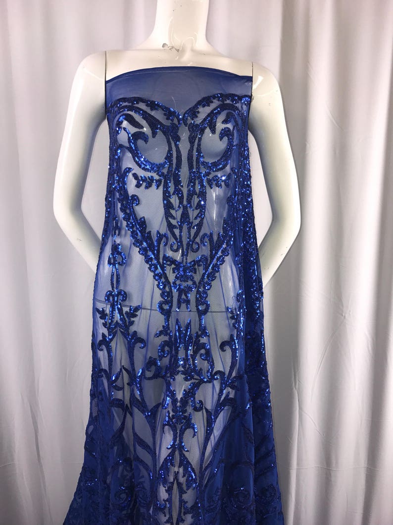 Royal Blue Damask Design Embroider With Sequins on a 2 Way Stretch Mesh ...