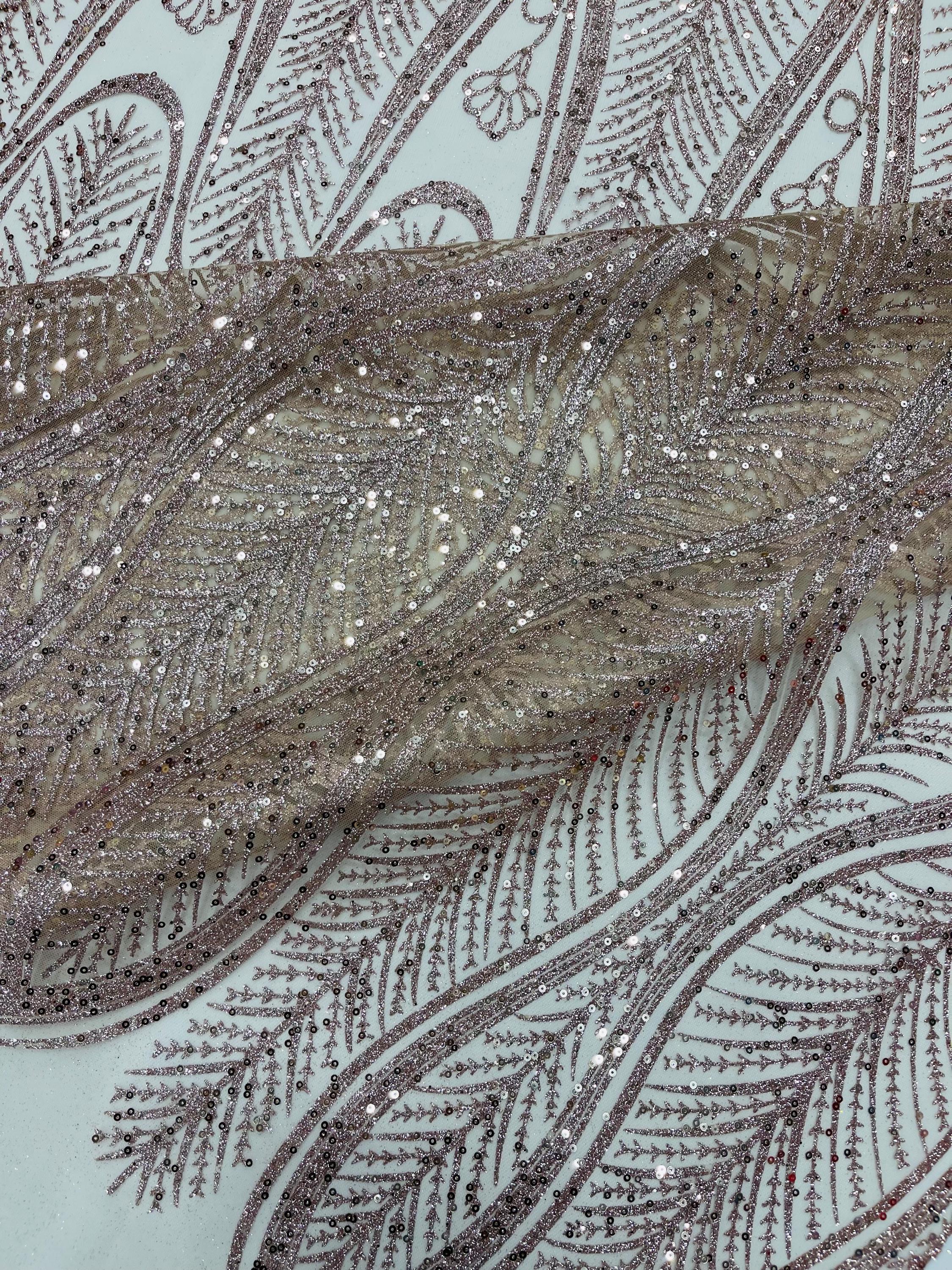 Blush Pink Glitter Feather Damask Design on A Beige Mesh Lace Fabric ...