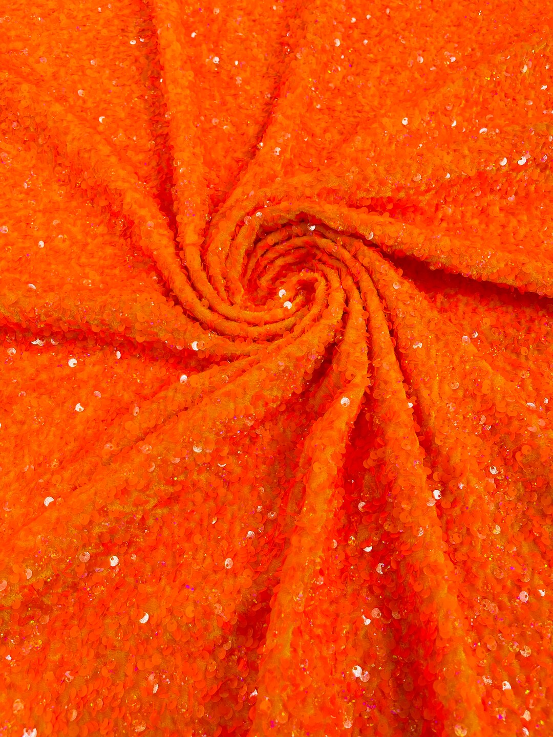 Neon Orange Holographic 5mm Sequins on a Stretch Velvet 2-way Stretch ...