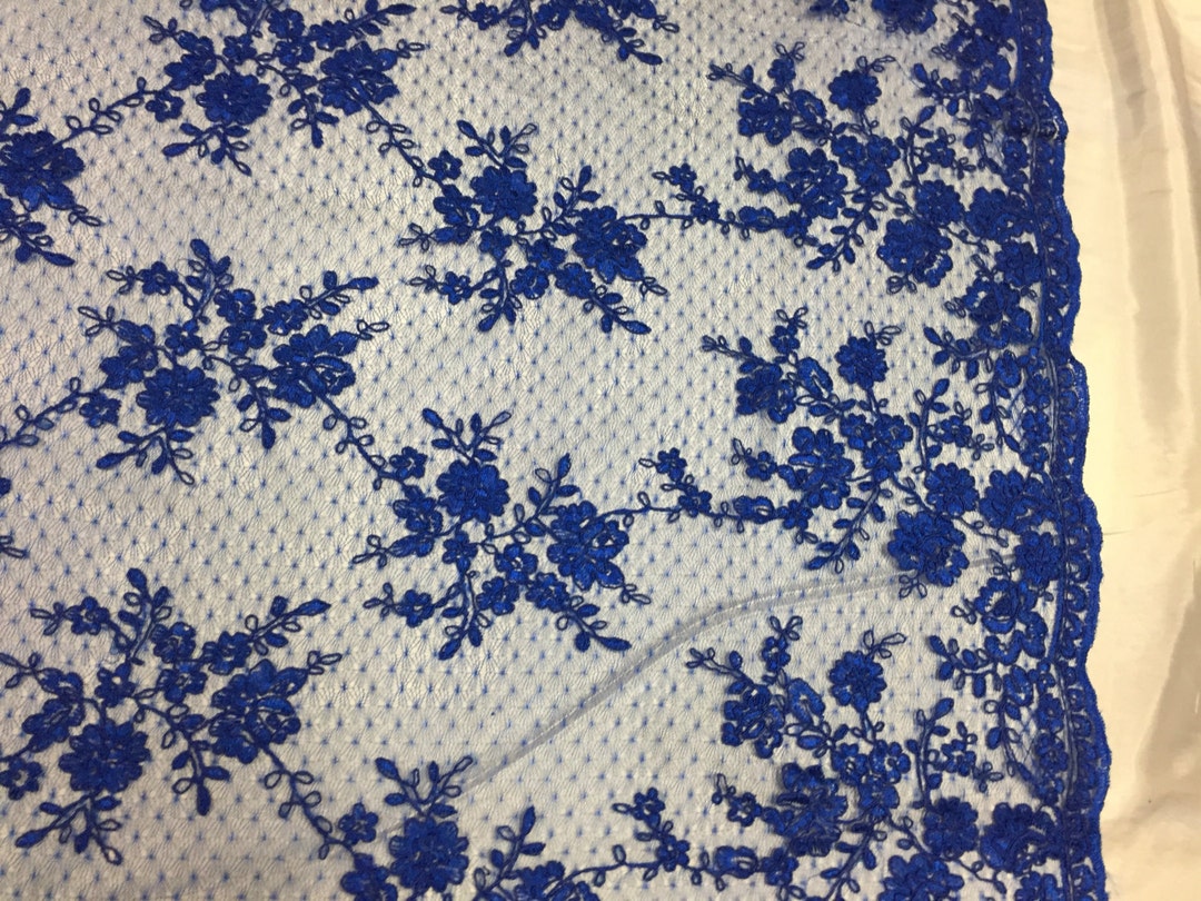 Sensational Royal Blue Flowers Embroider and Corded on a Polkadot Mesh ...