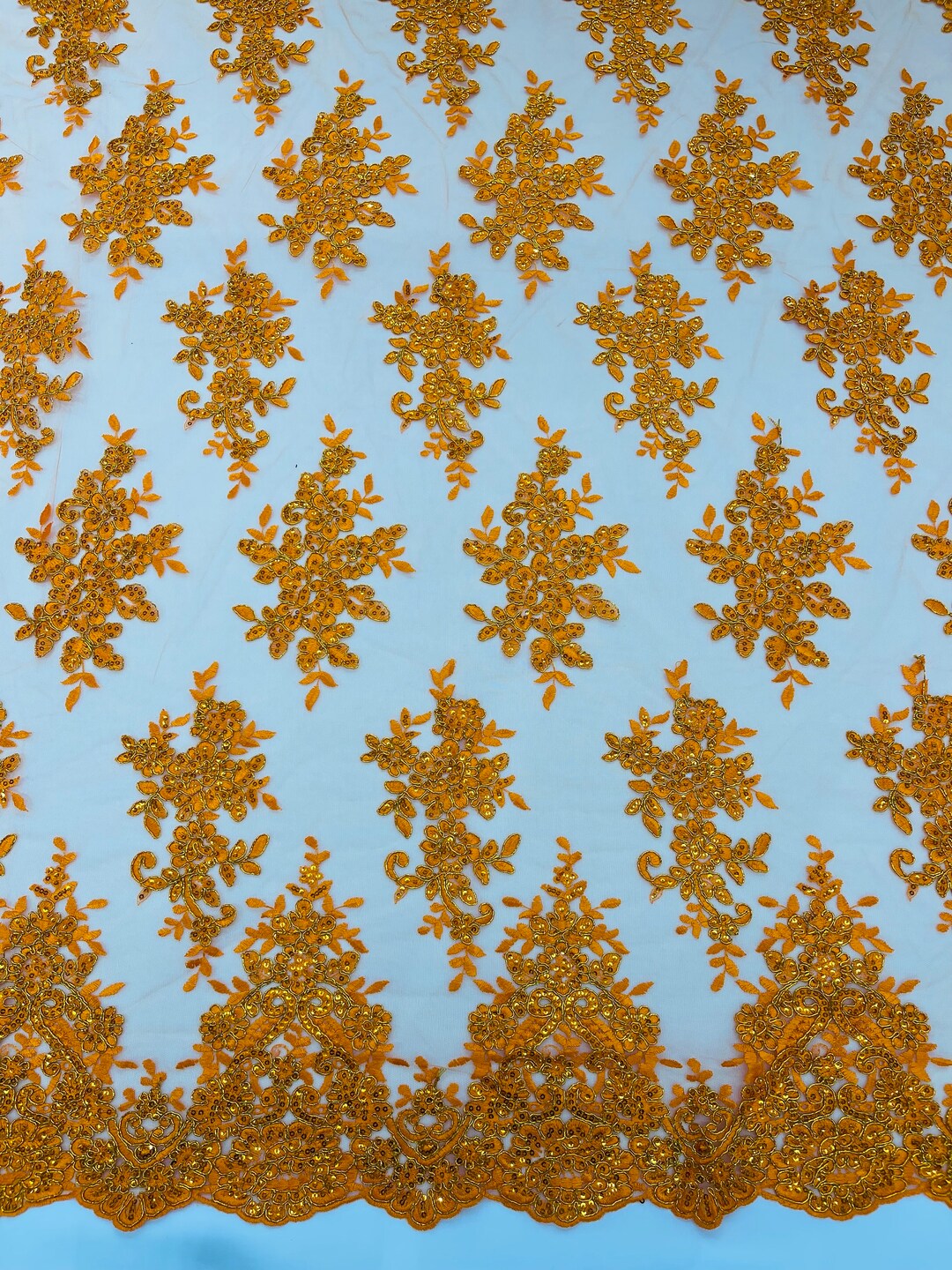 Orange Metallic Corded Embroider With Sequins on a Mesh Lace Fabric ...