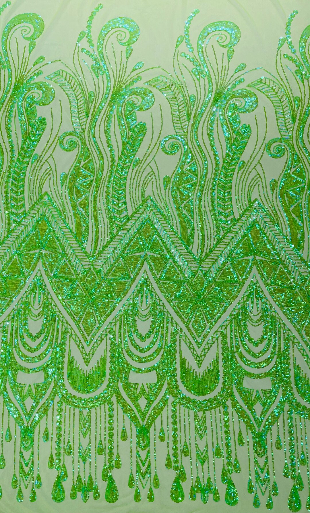 Neon Green Iridescent Zigzag/feather Damask Sequin Design on a Lime 4 ...