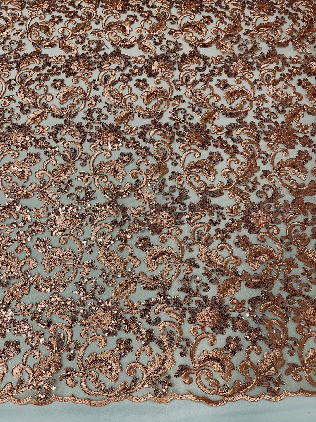 Copper Metallic Corded Embroider Flowers With Sequins on a Mesh Lace ...