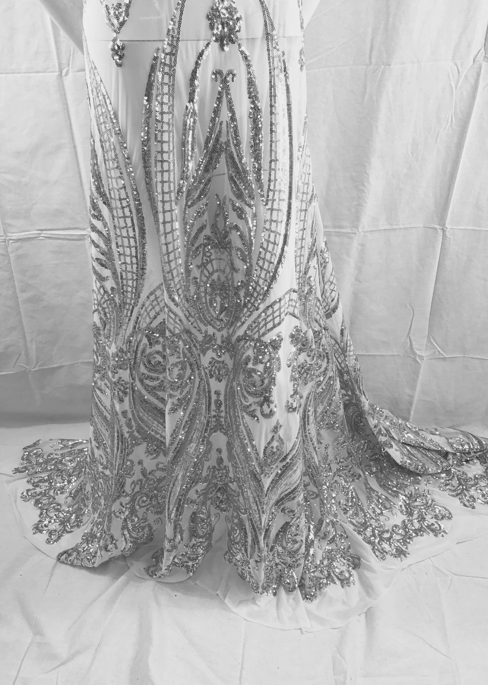 Silver Empire Design Embroider With Sequins on a 2 Way Stretch White ...