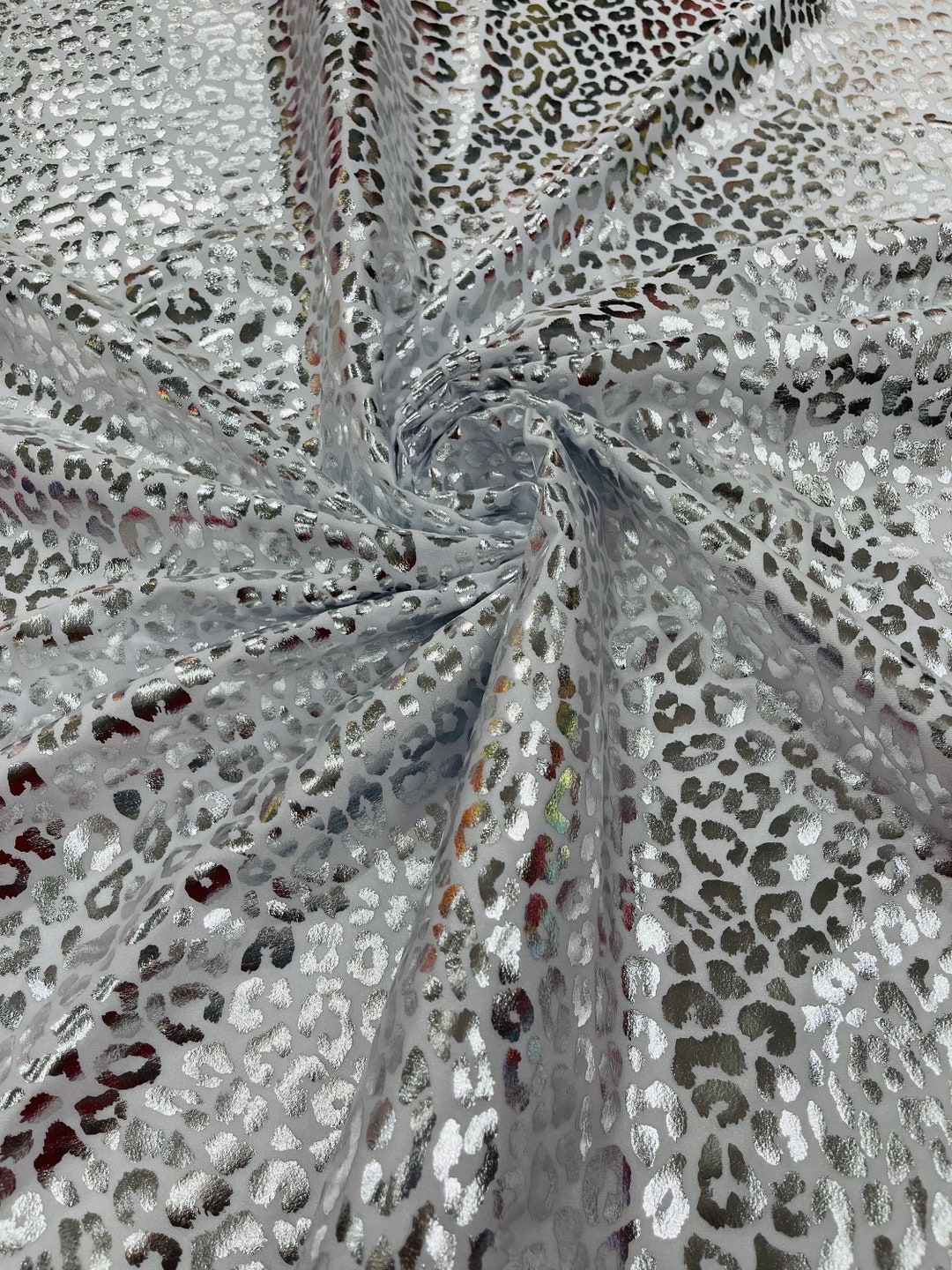 Silver Metallic Leopard Print on a White Stretch Nylon Spandex Tricot ...