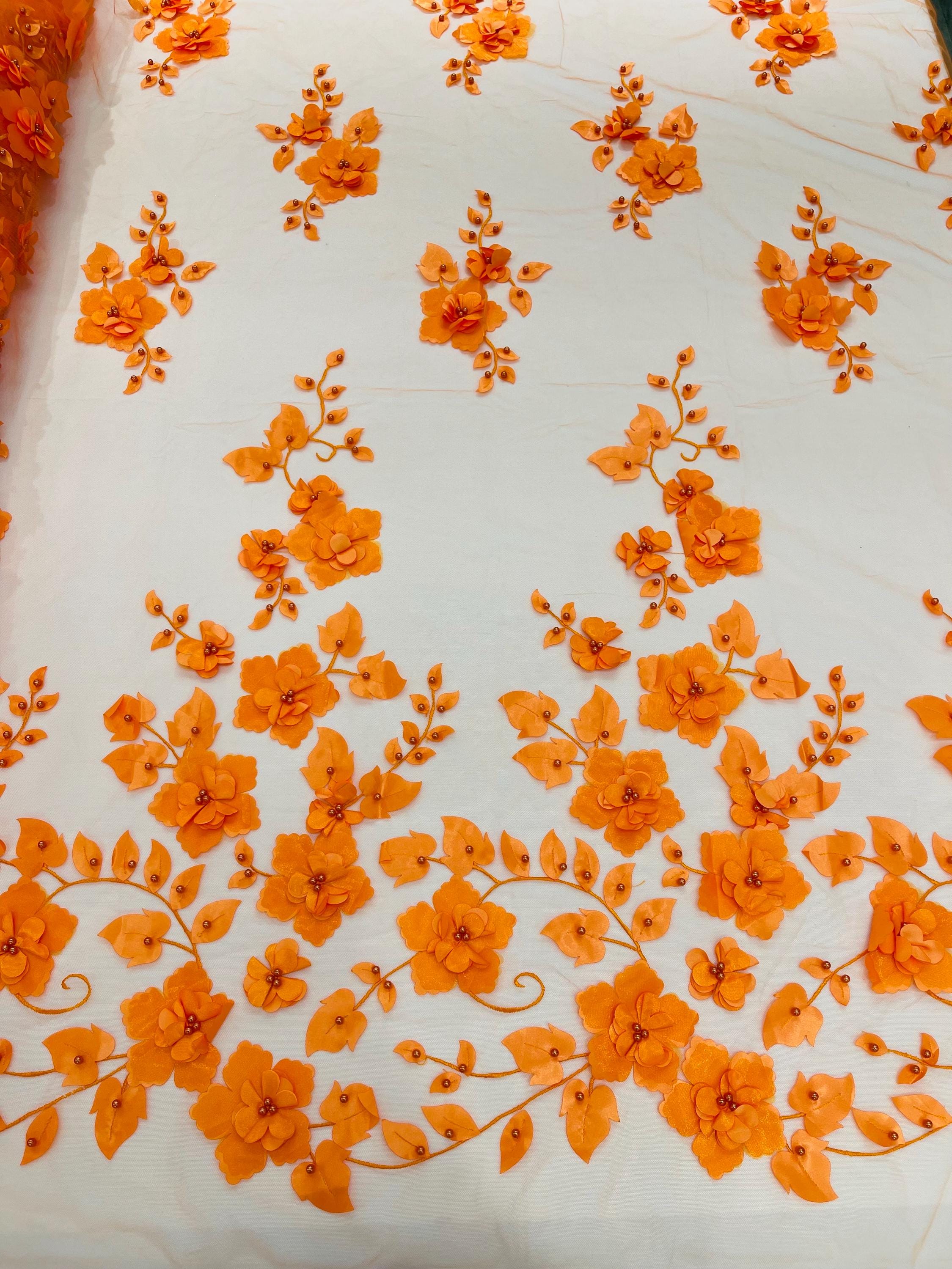 Orange Orquidia 3d Floral Design Embroider With Pearls in a Mesh Lace ...