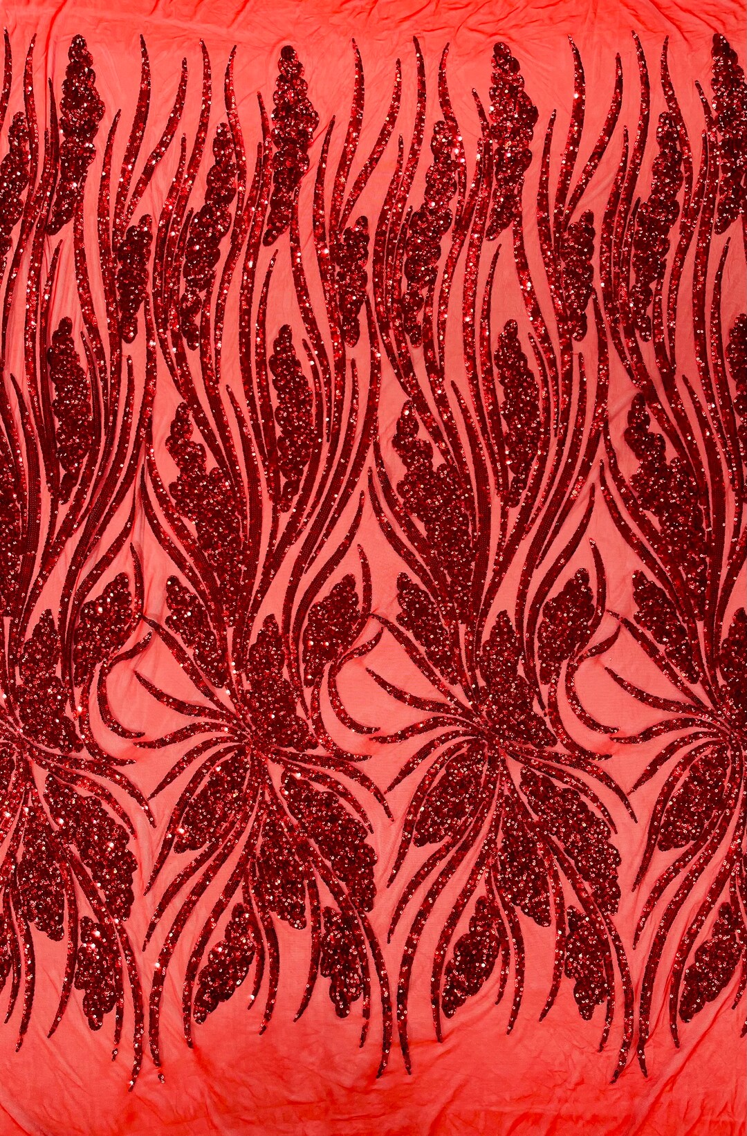 Red Feather Damask Shiny Sequin Design on a 4 Way Stretch Mesh Fabric ...