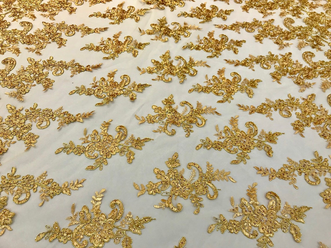 Metallic gold floral design embroidery on a mesh lace with | Etsy